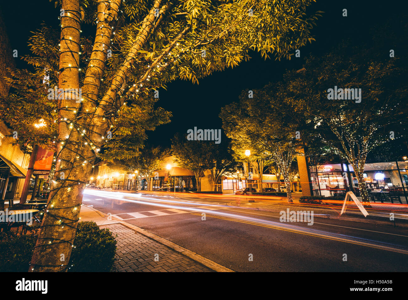 Trees and buildings on Main Street at night, in downtown Rock Hill ...