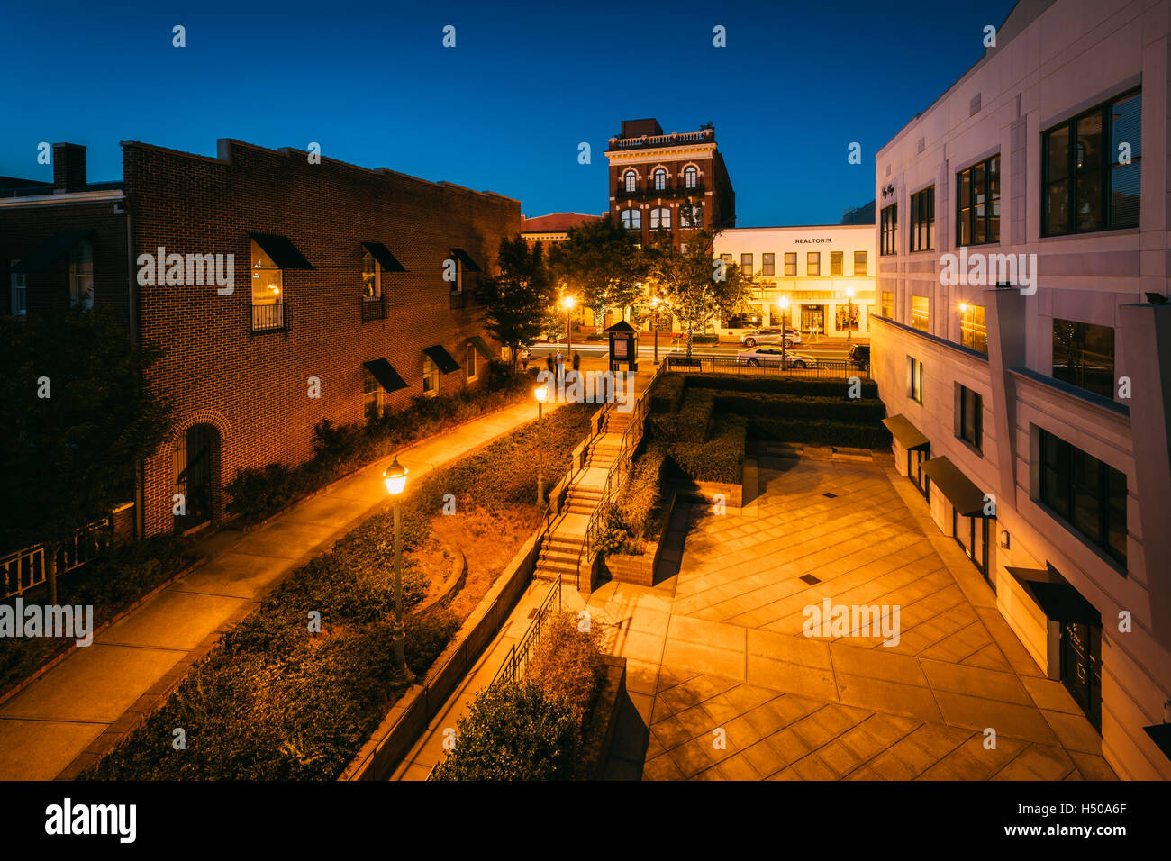 View of park and buildings at night, in downtown Rock Hill, South Carolina Stock Photo - Alamy