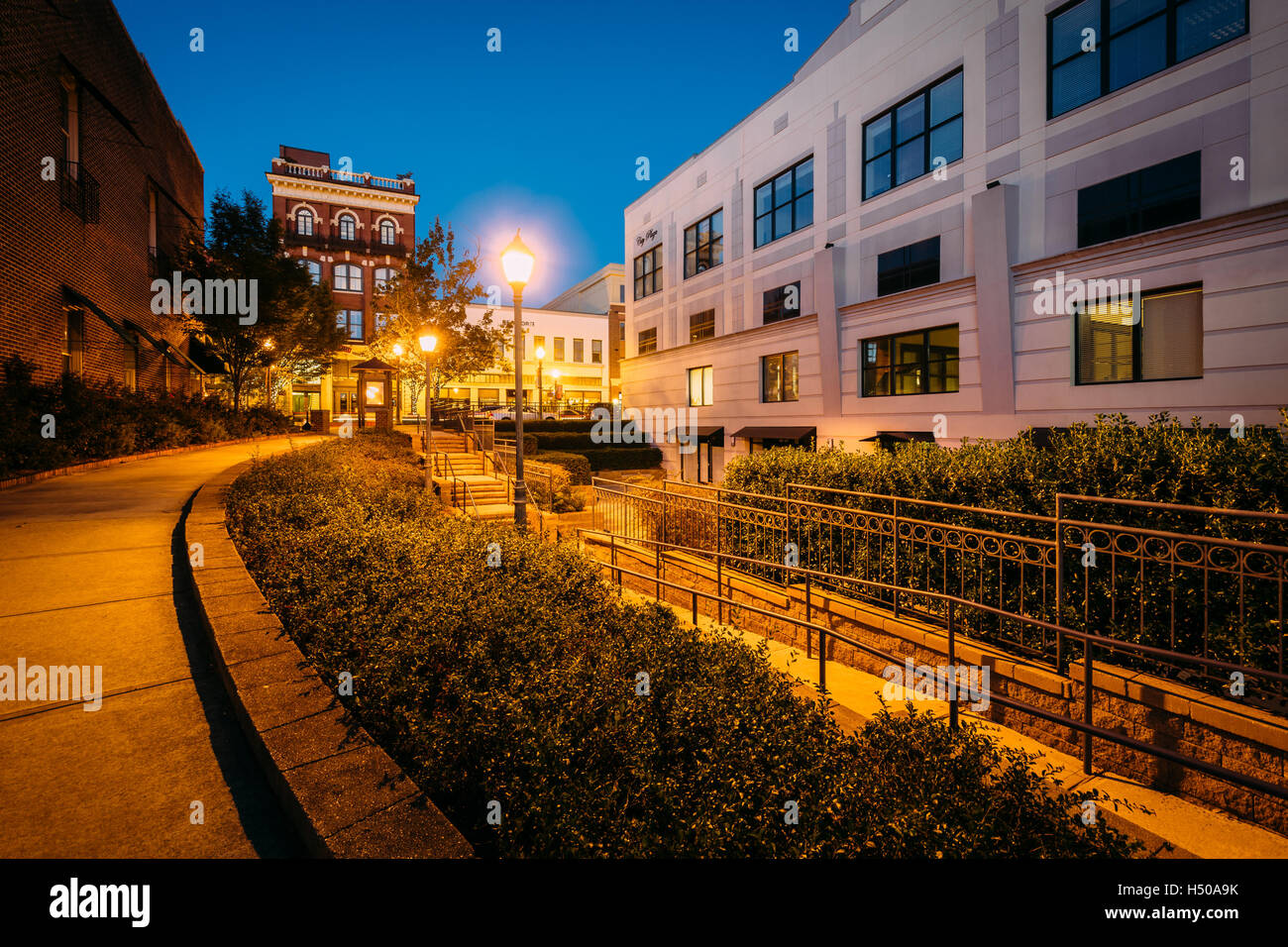 Walkway and buildings at night in downtown Rock Hill, South Carolina ...