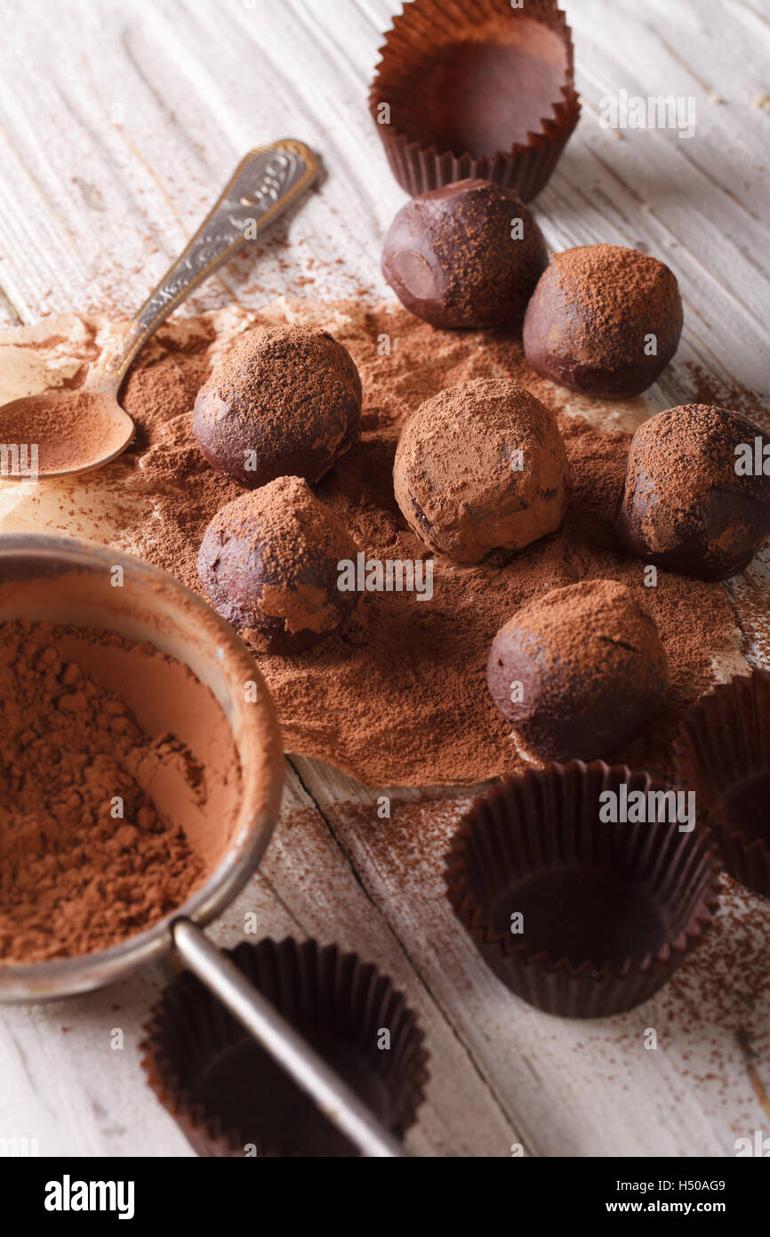 chocolate truffles sprinkled with cocoa powder close-up on the table ...