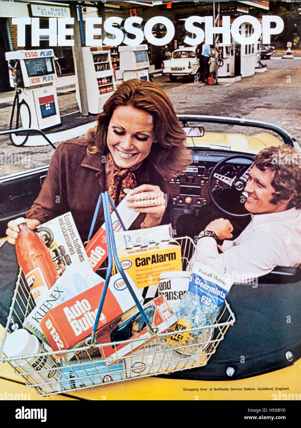A 1970s magazine advertisement advertising Esso petrol and Esso garage ...
