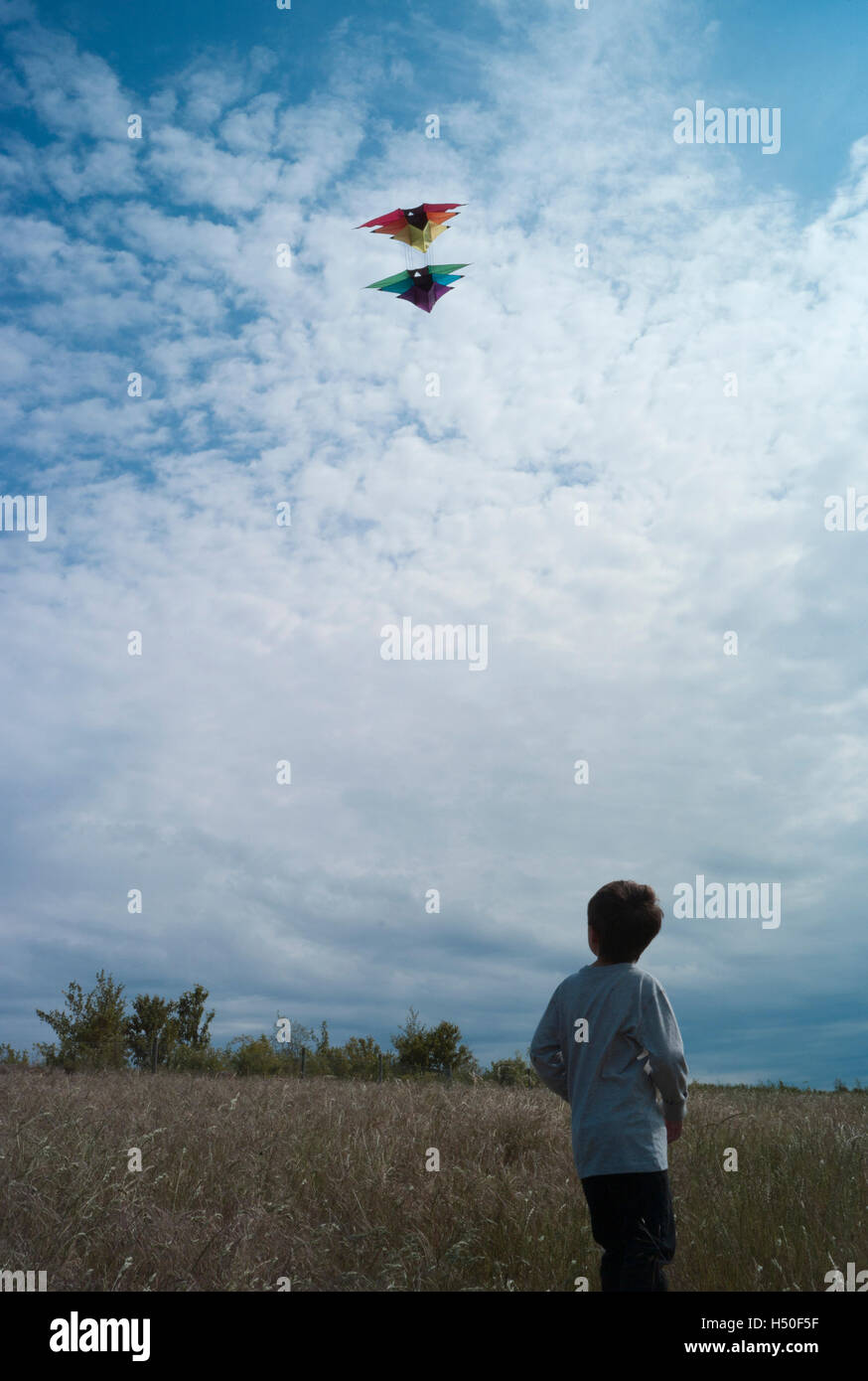 Young Boy Flying Kite Stock Photo - Alamy