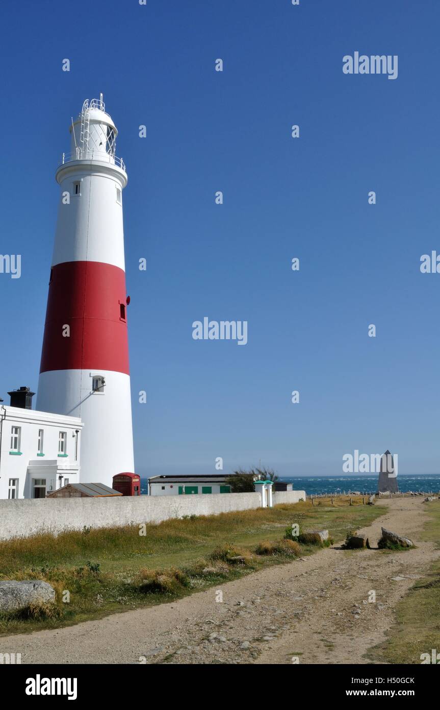 The lighthouse at Portland Bill, Dorset. In the right background is the ...