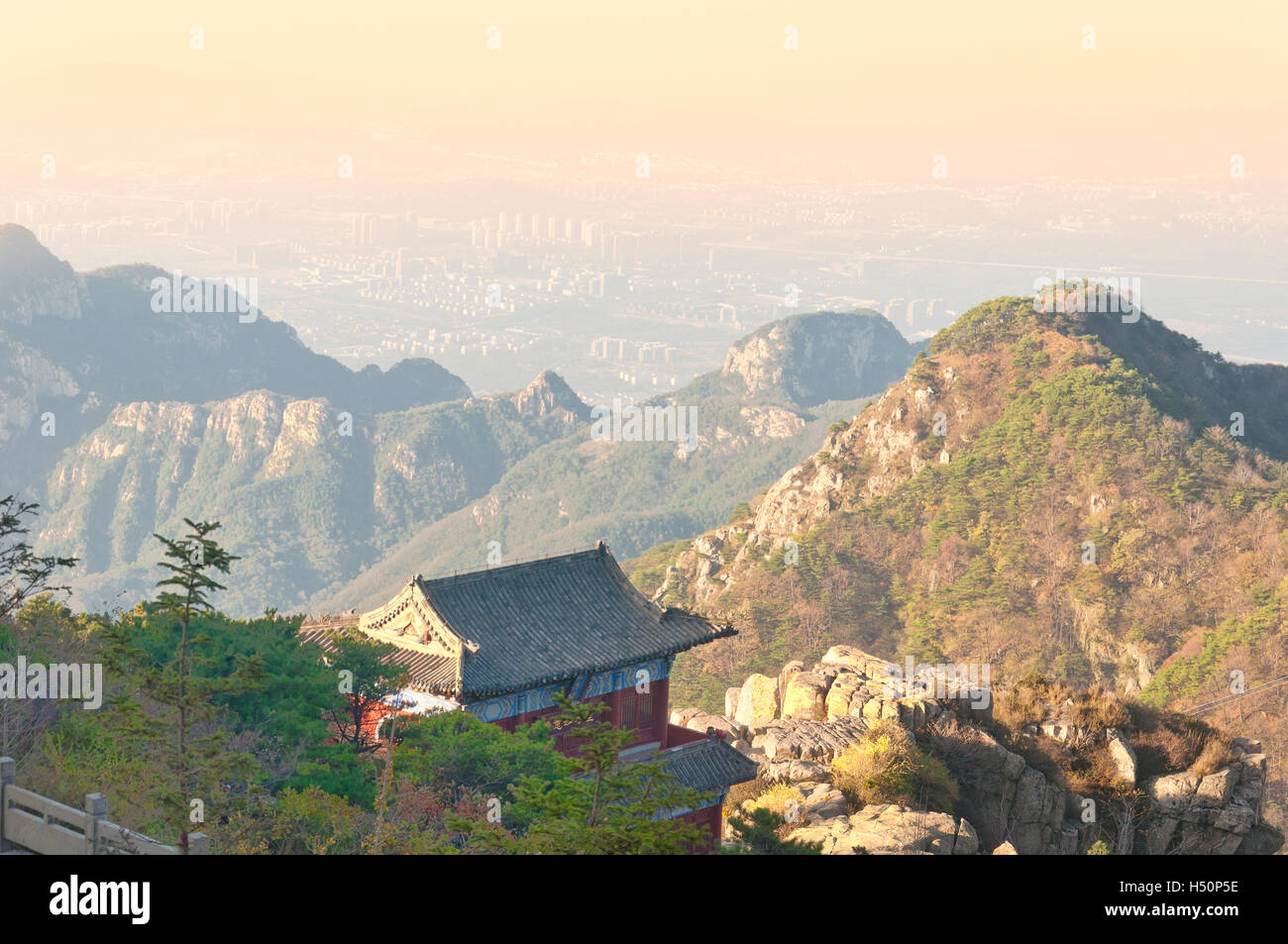 The summit of Taishan or mount Tai above the city of Tai'an in Shandong ...