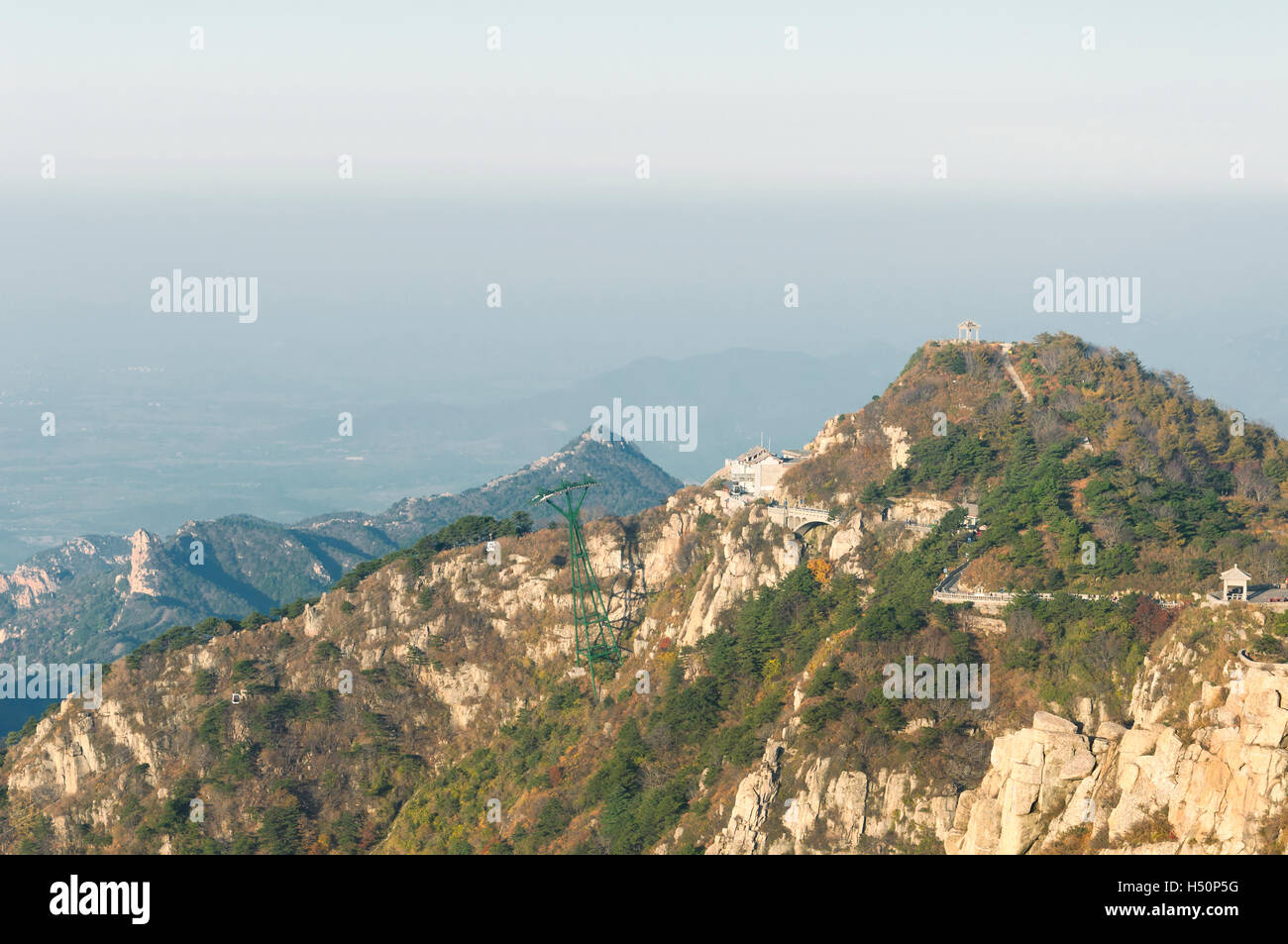 The summit of Taishan or mount Tai above the city of Tai'an in Shandong ...