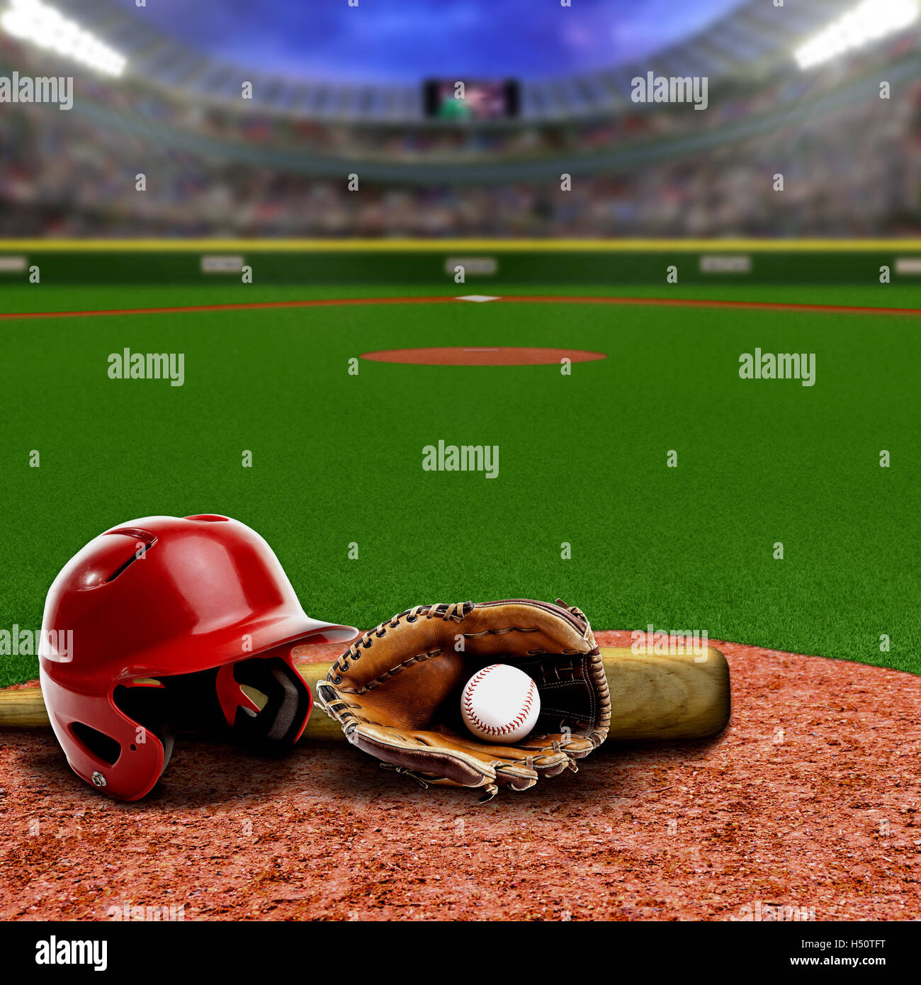 Baseball stadium full of fans in the stands with baseball helmet, bat ...