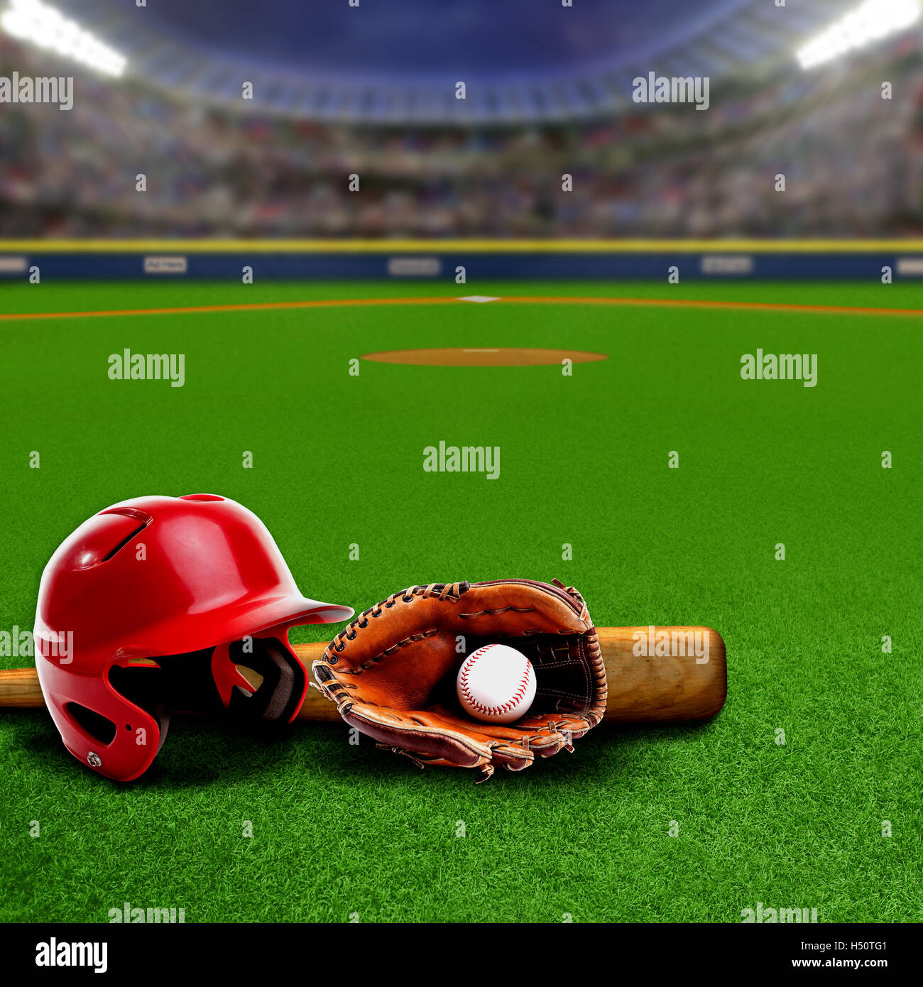 Baseball stadium full of fans in the stands with baseball helmet, bat ...