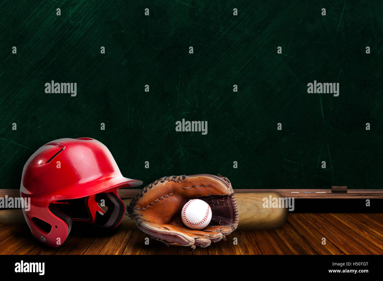 Baseball Equipment and Chalk Board with Copy Space Stock Photo - Alamy