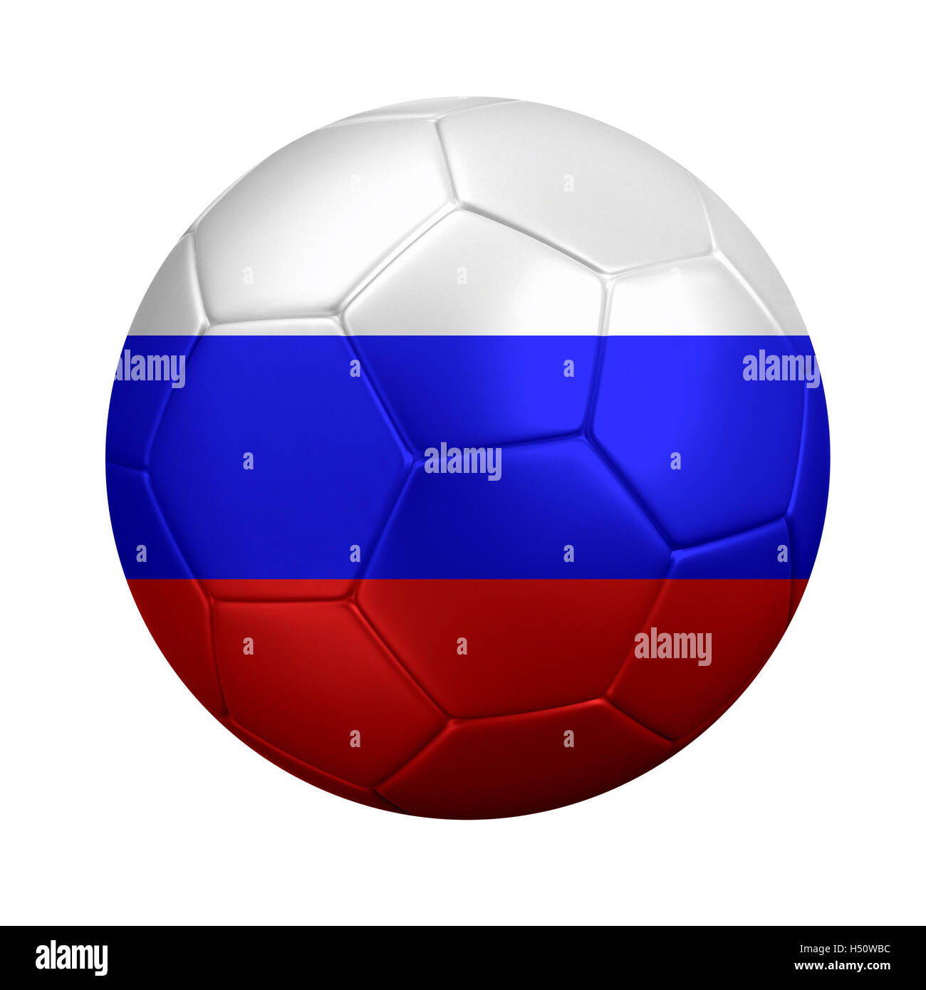 3D rendering of soccer ball wrapped in Russia's national flag. Isolated ...