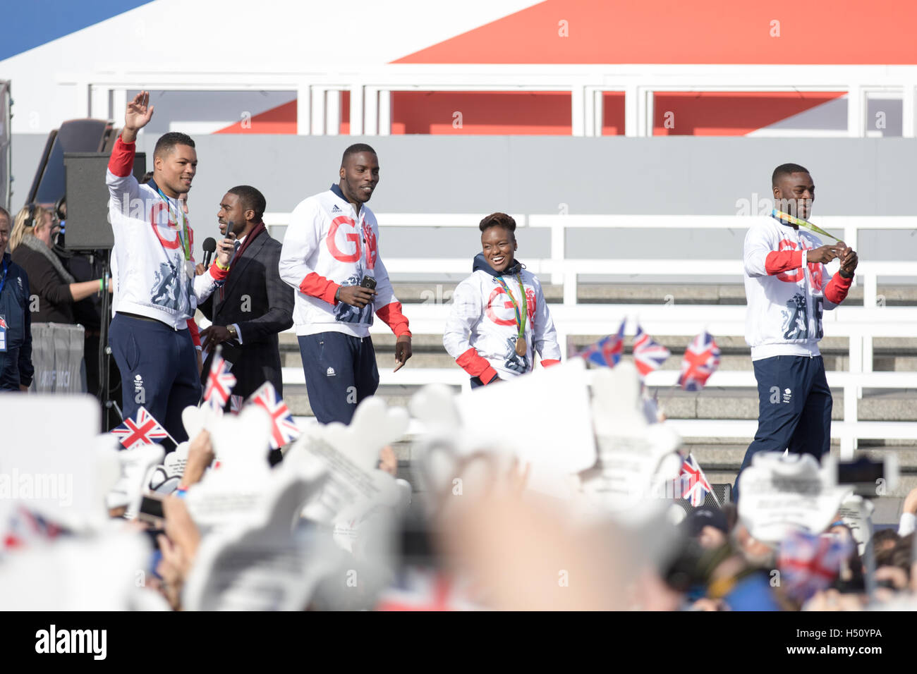 London, UK 18th October, 2016. The boxers arrive on stage, including ...