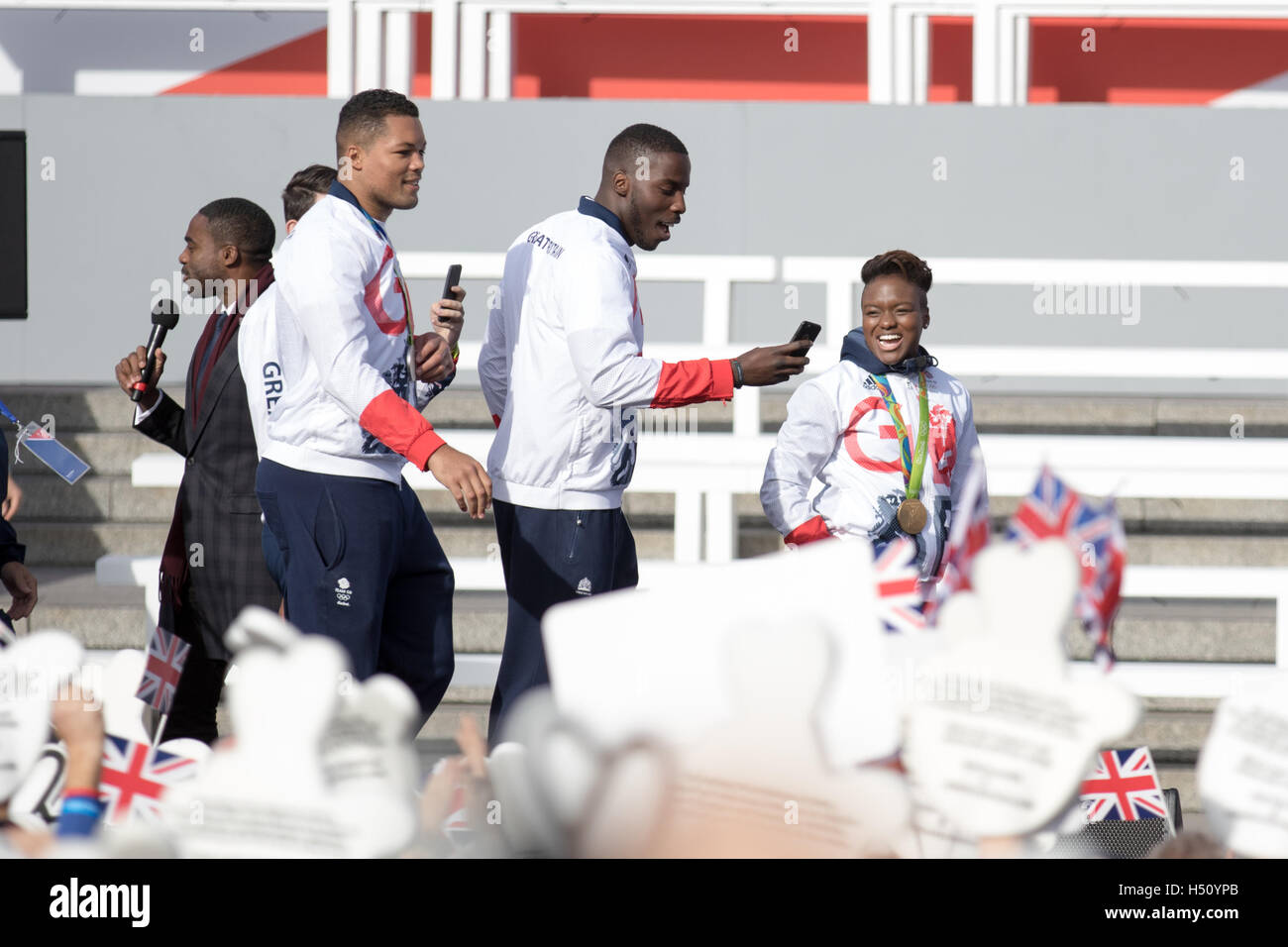 London, UK 18th October, 2016. The boxers arrive on stage, including ...