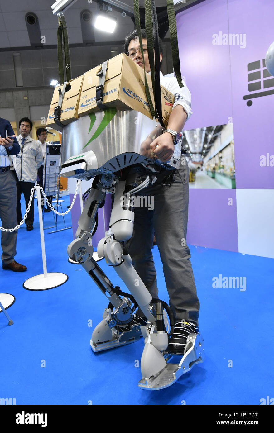 Tokyo, Japan. 19th Oct, 2016. An assist suit is demonstrated during the Japan Robot Week 2016, a ...