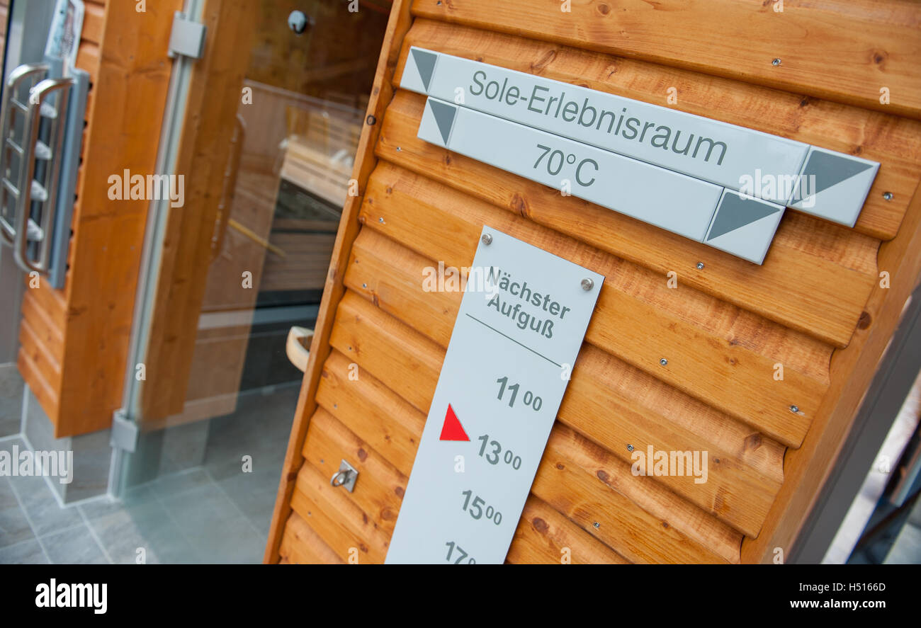 The 'brine experience room' can be read at the entrance to a sauna at ...