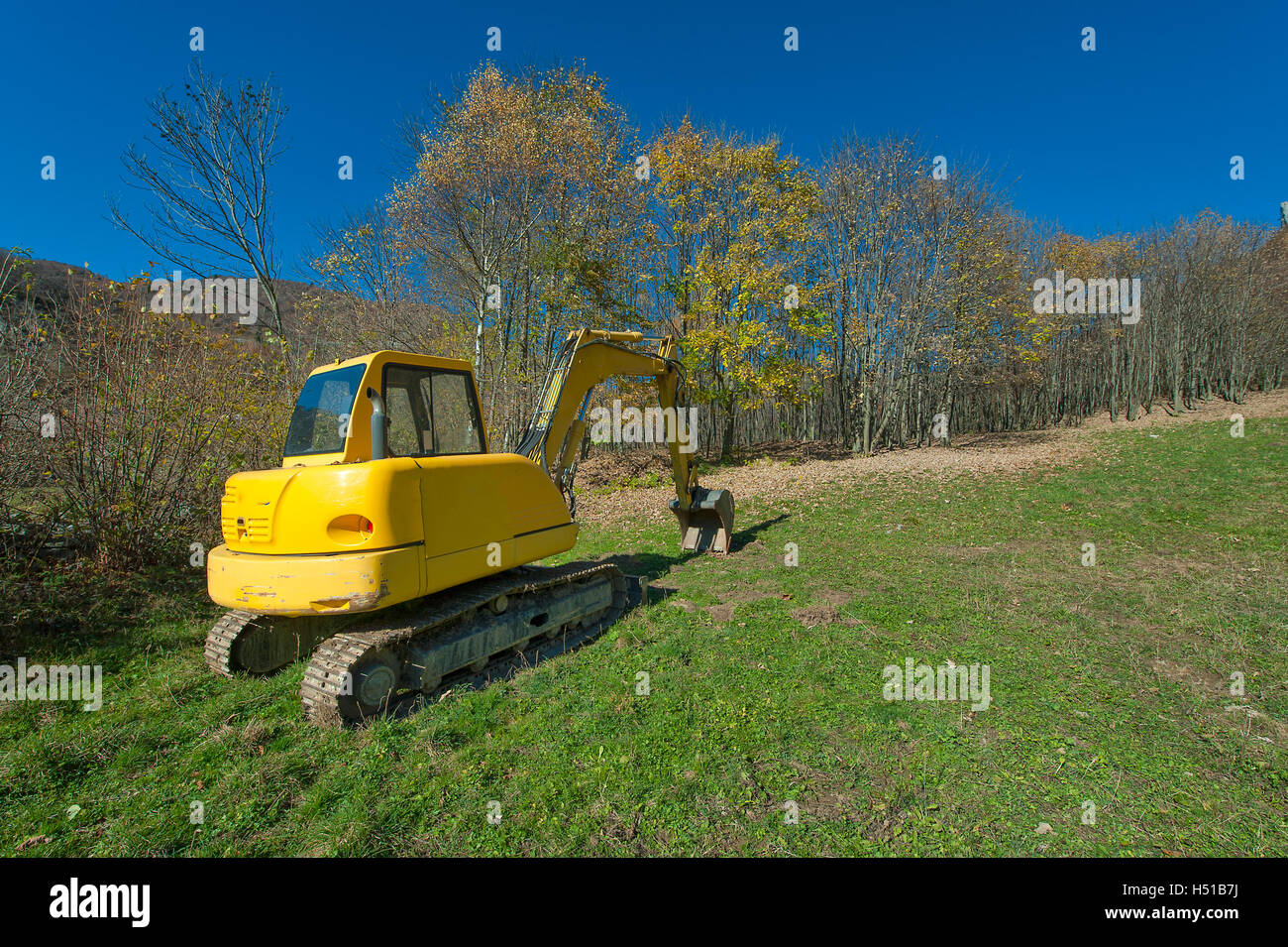 Excavator in a field ready to dig Stock Photo - Alamy