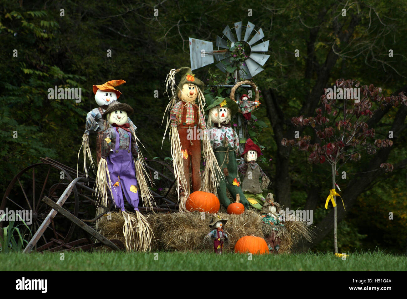 Outdoor fall decoration with scarecrows and pumpkins Stock Photo - Alamy