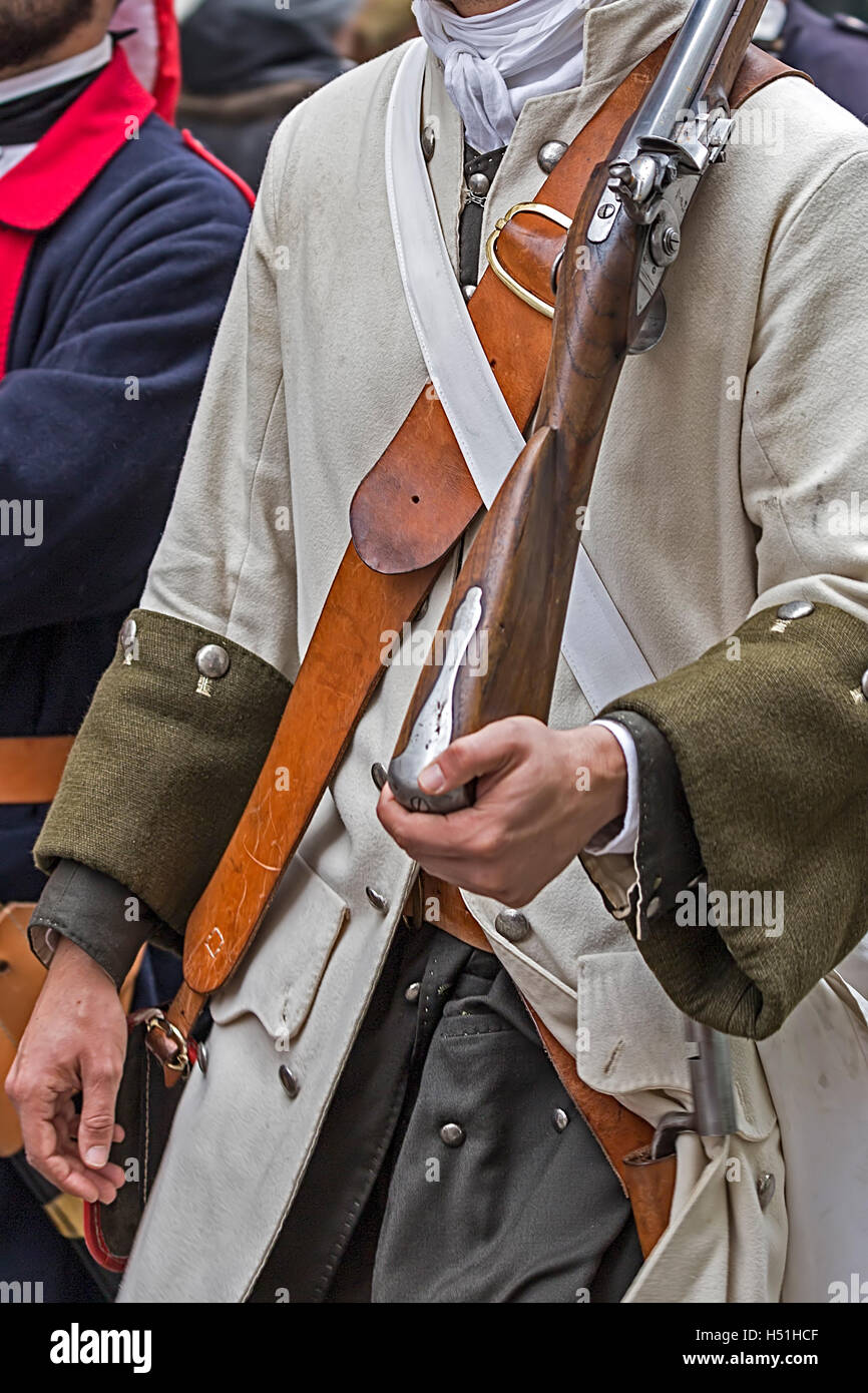Background of a medieval soldier with musket that marching on the ...