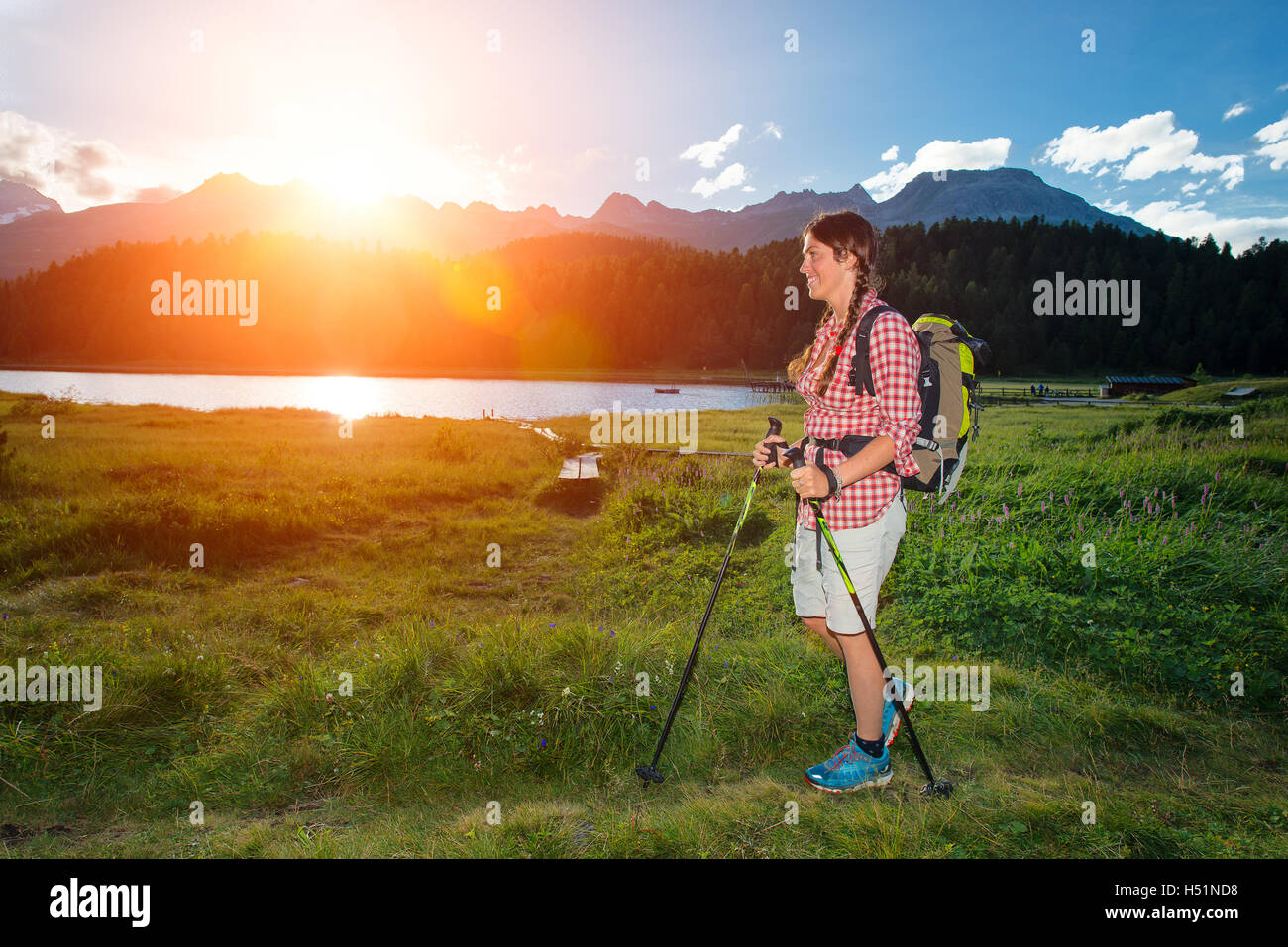 Girl in hike during a vacation in the mountains in the summer Stock ...