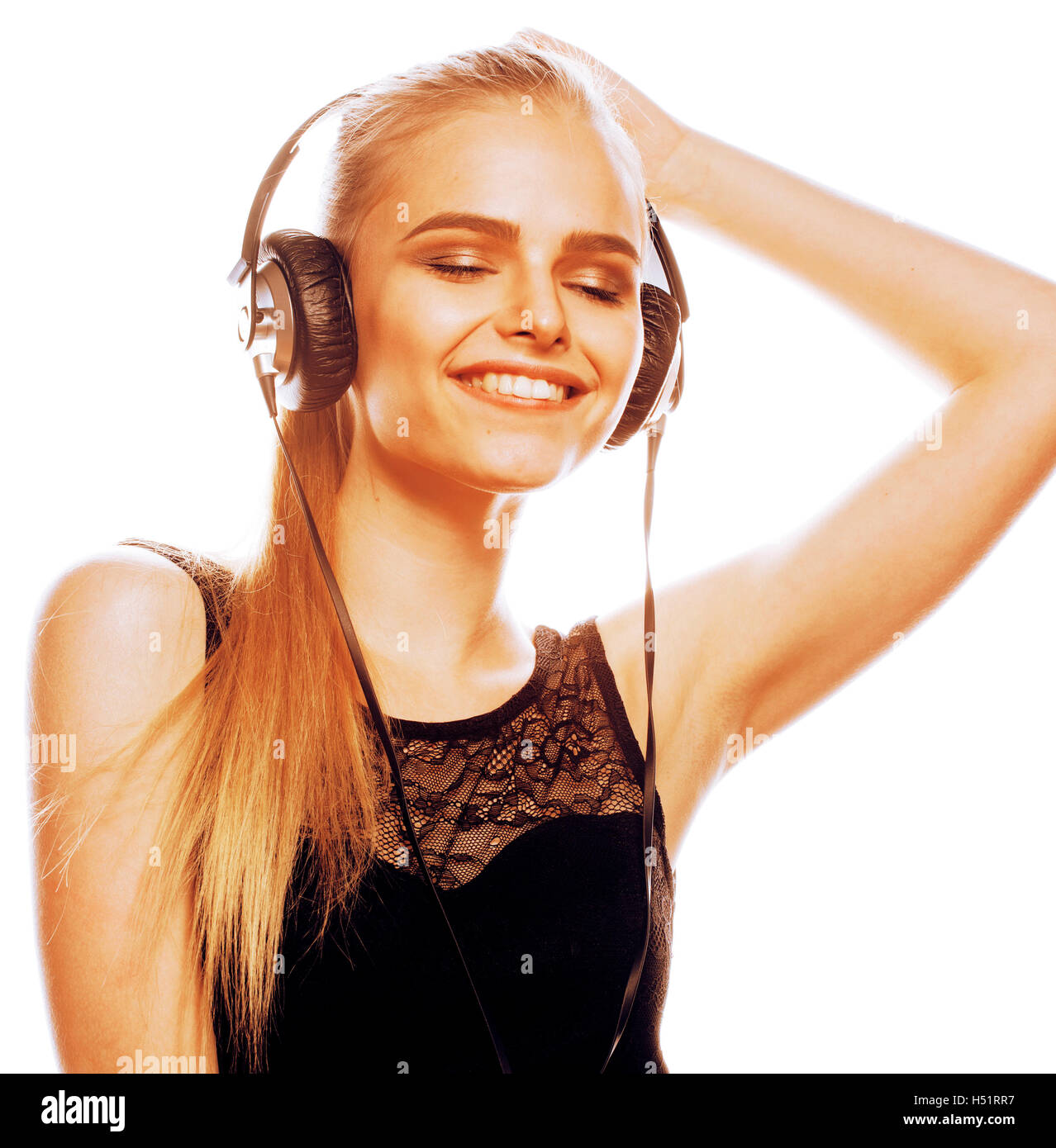 young sweet talented teenage girl in headphones singing isolated Stock ...