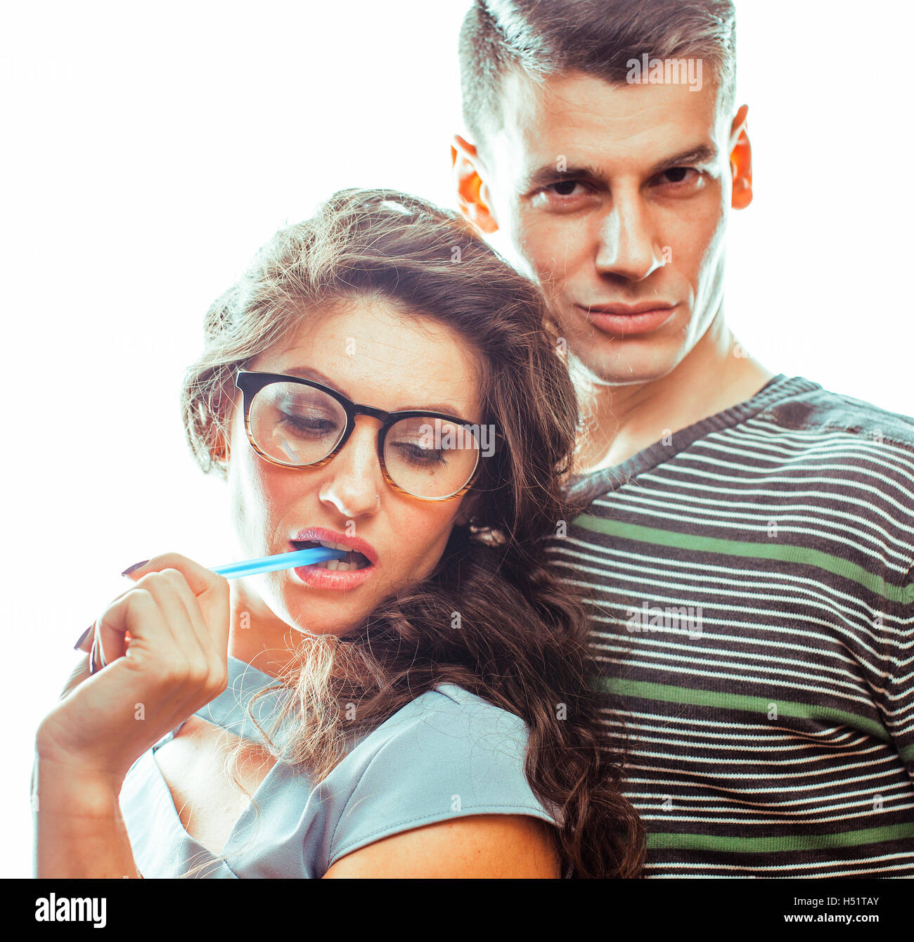 love affair at work, young pretty couple, man and woman together Stock ...