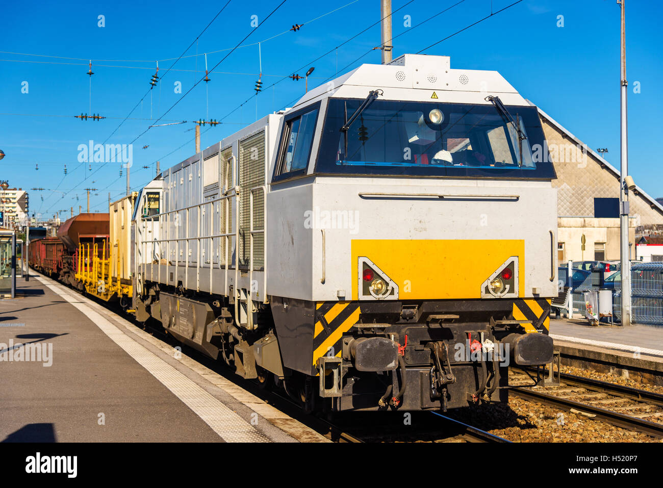 Diesel locomotive hauling a freight train at Besancon station - France ...