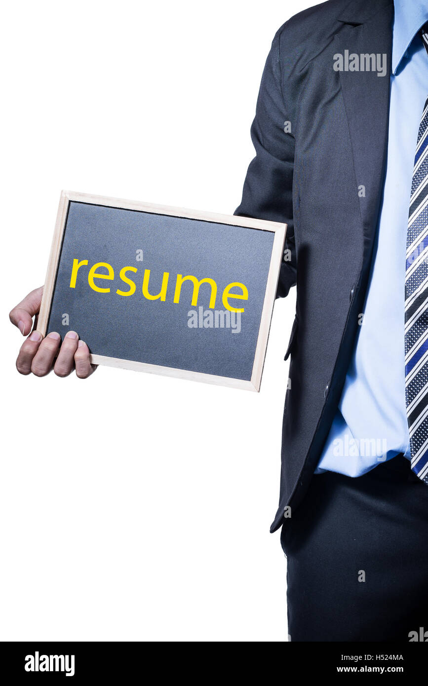 Businessman holding a Blank chalkboard with text Resume Stock Photo - Alamy