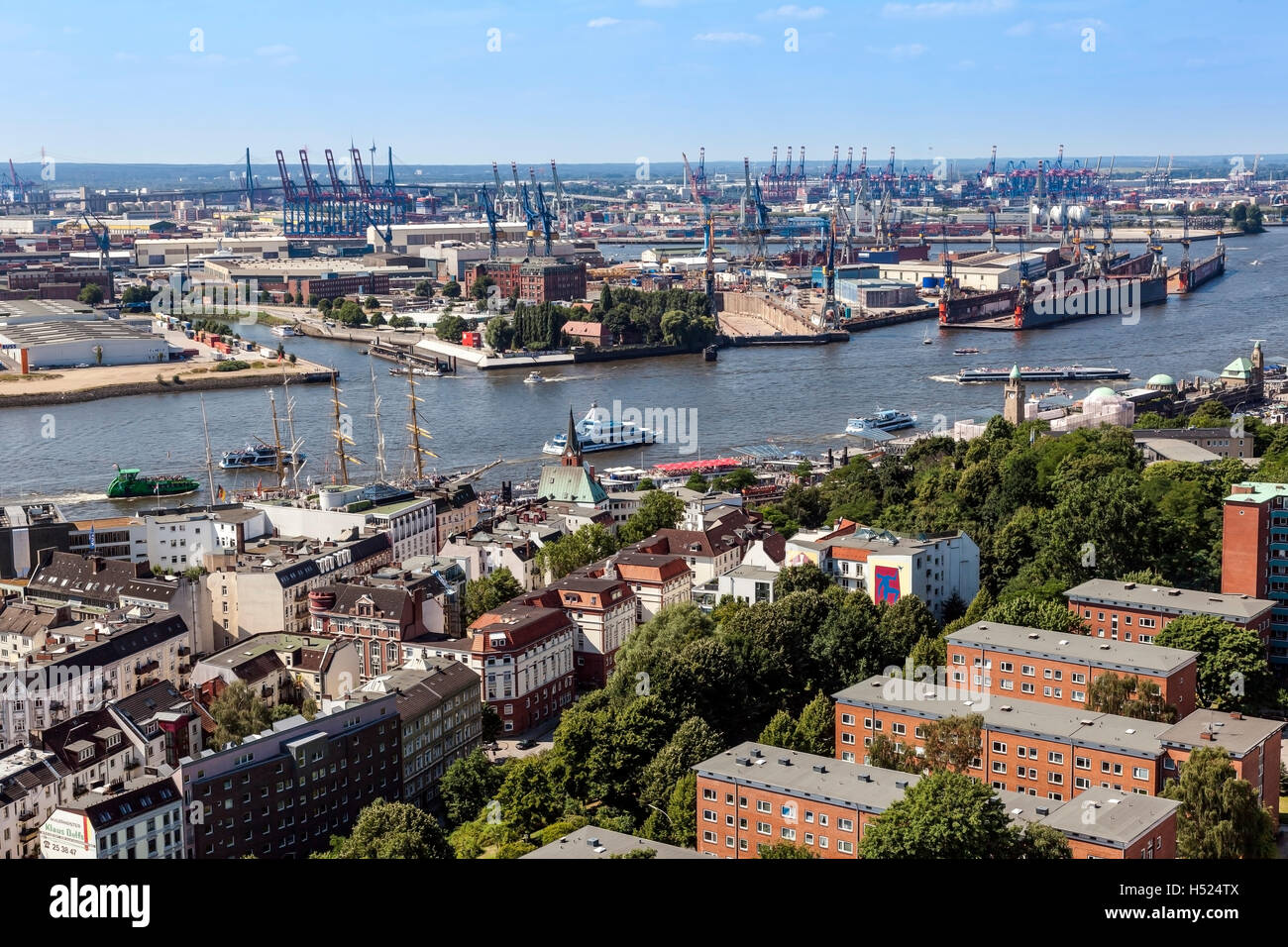 Panorama View; Port of Hamburg with ships, dry docks and shipyards ...