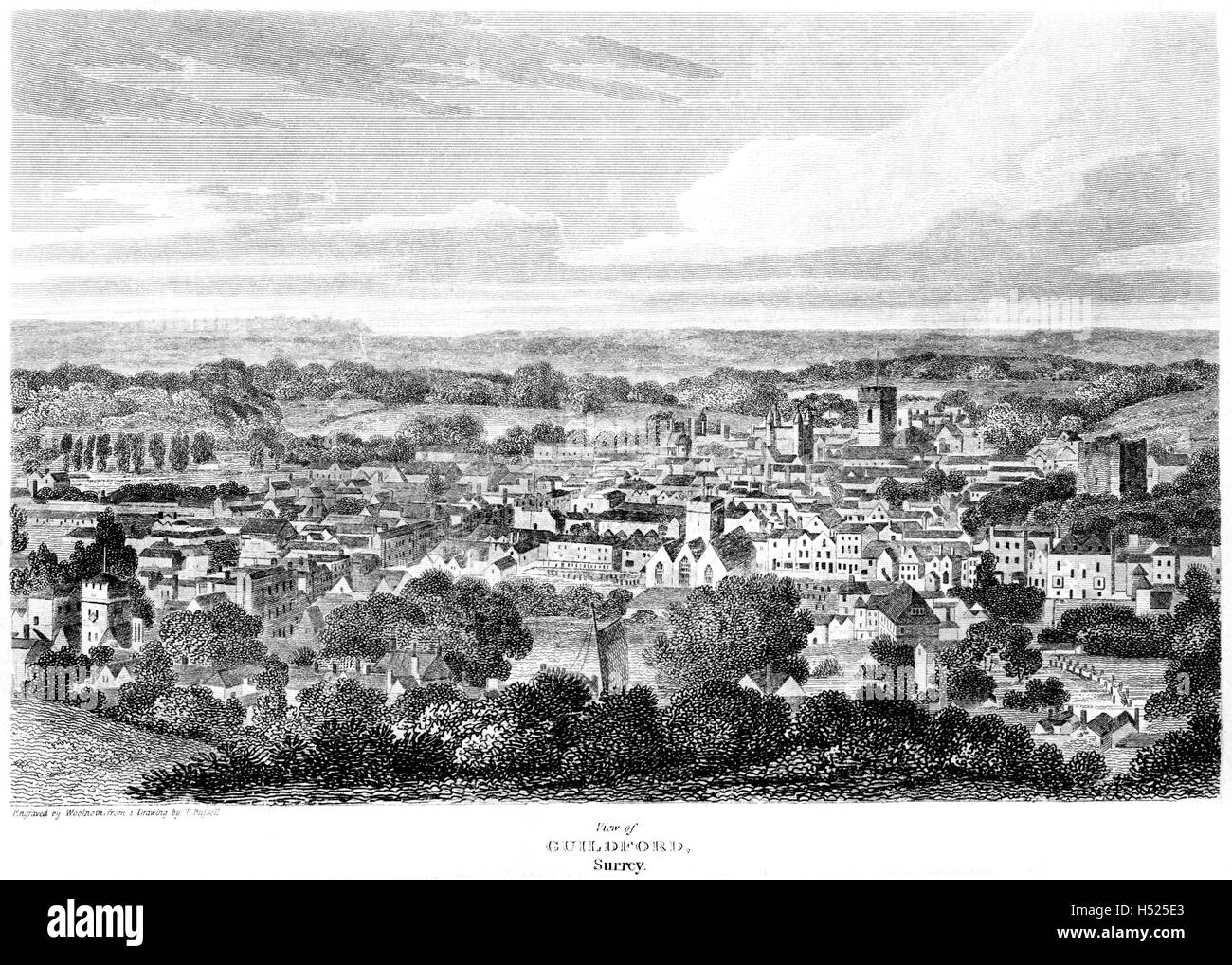 An engraving of Guildford, Surrey scanned at high resolution from a ...