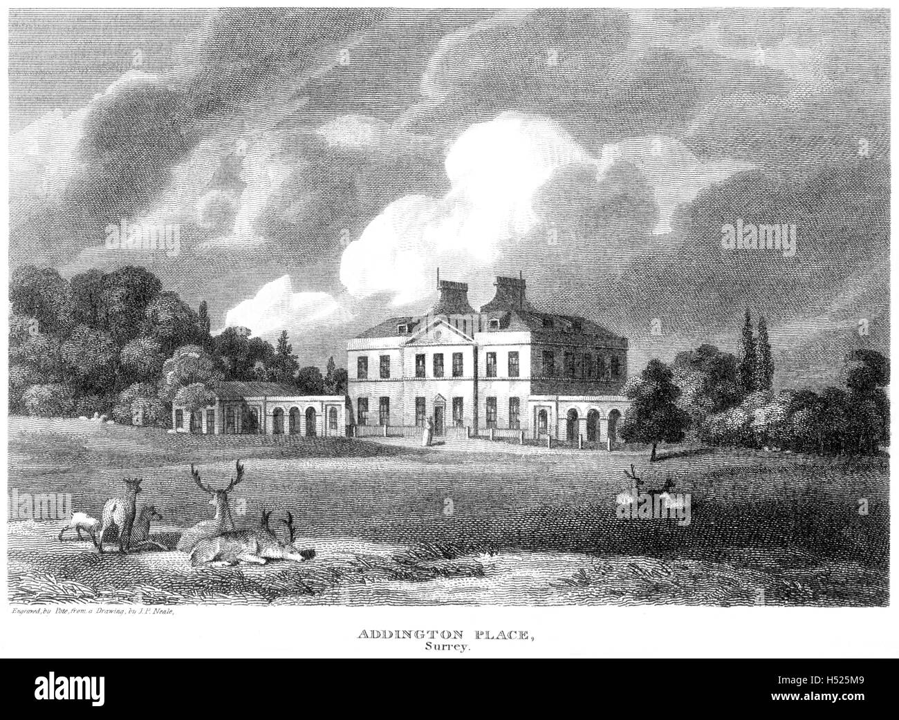 An engraving of Addington Place (Palace), Surrey scanned at high ...