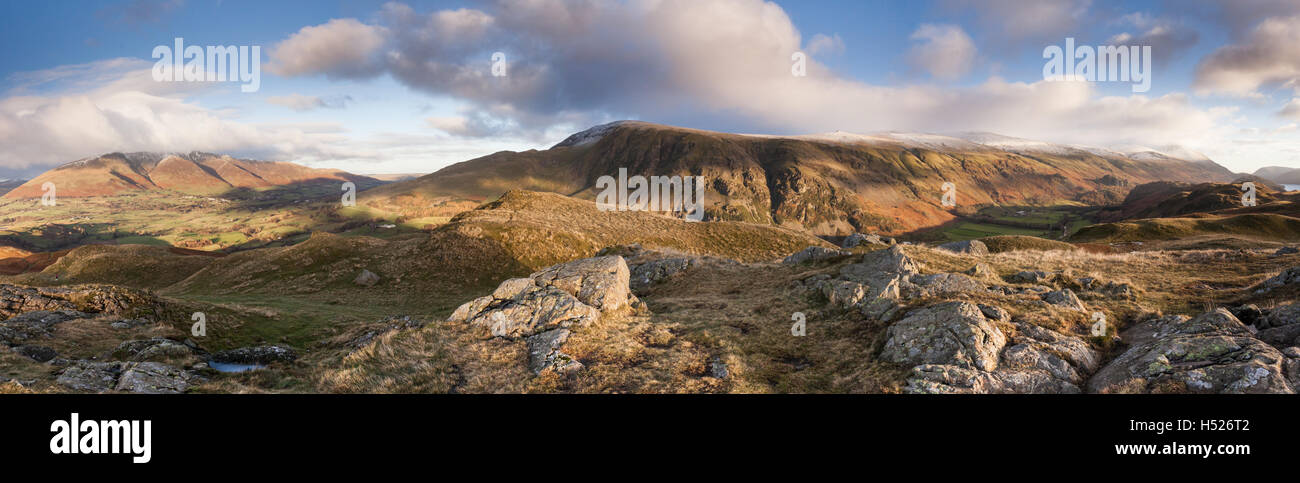 Panoramic view of the Helvellyn fells from the summit of High Rigg on a ...