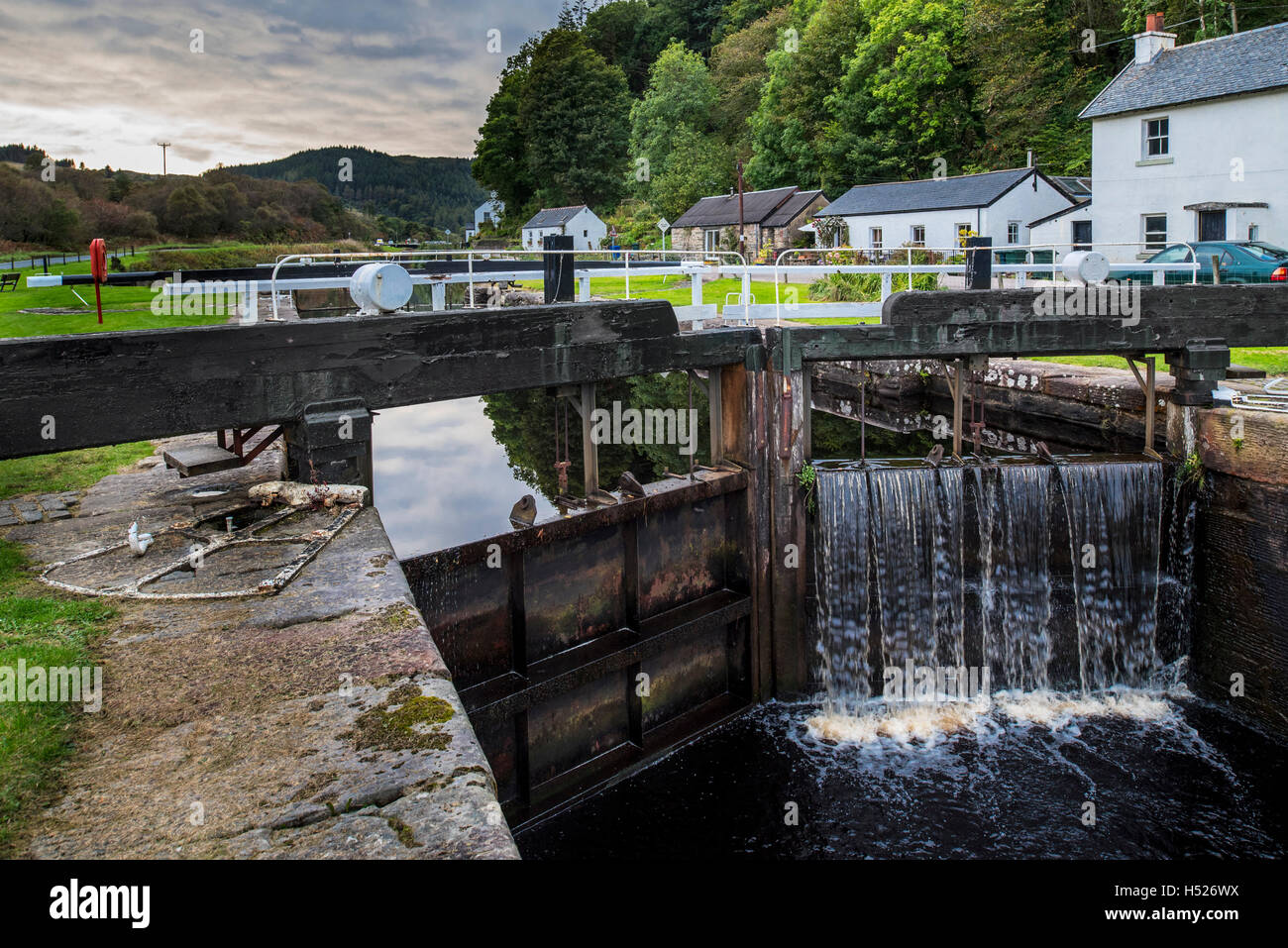 Lock gate at the village Cairnbaan situated on the Crinan Canal, Argyll ...