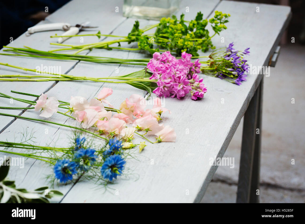 Fresh flowers laid on a florist's workbench, bright pink, pale pink and ...