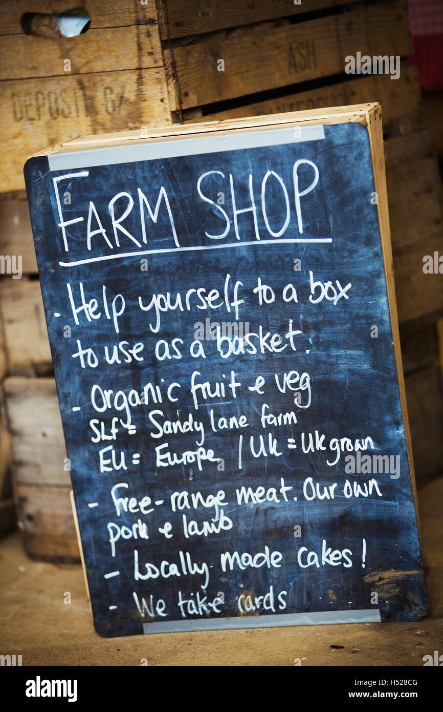 A chalkboard with details for a farm shop Stock Photo - Alamy