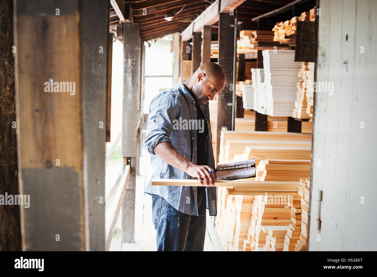 Man in a lumber yard, holding a folder, checking wood Stock Photo - Alamy