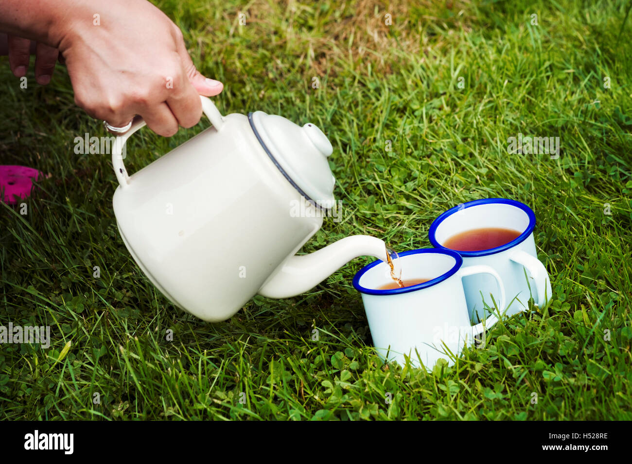 Woman pouring tea from a pot into two mugs on a lawn Stock Photo - Alamy