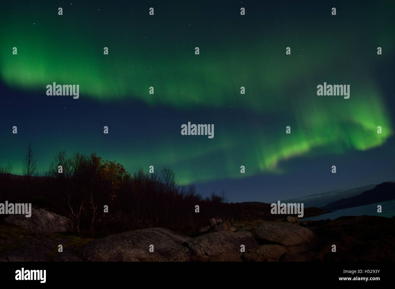 beautiful aurora borealis dancing over mountain and fjord landscape on ...