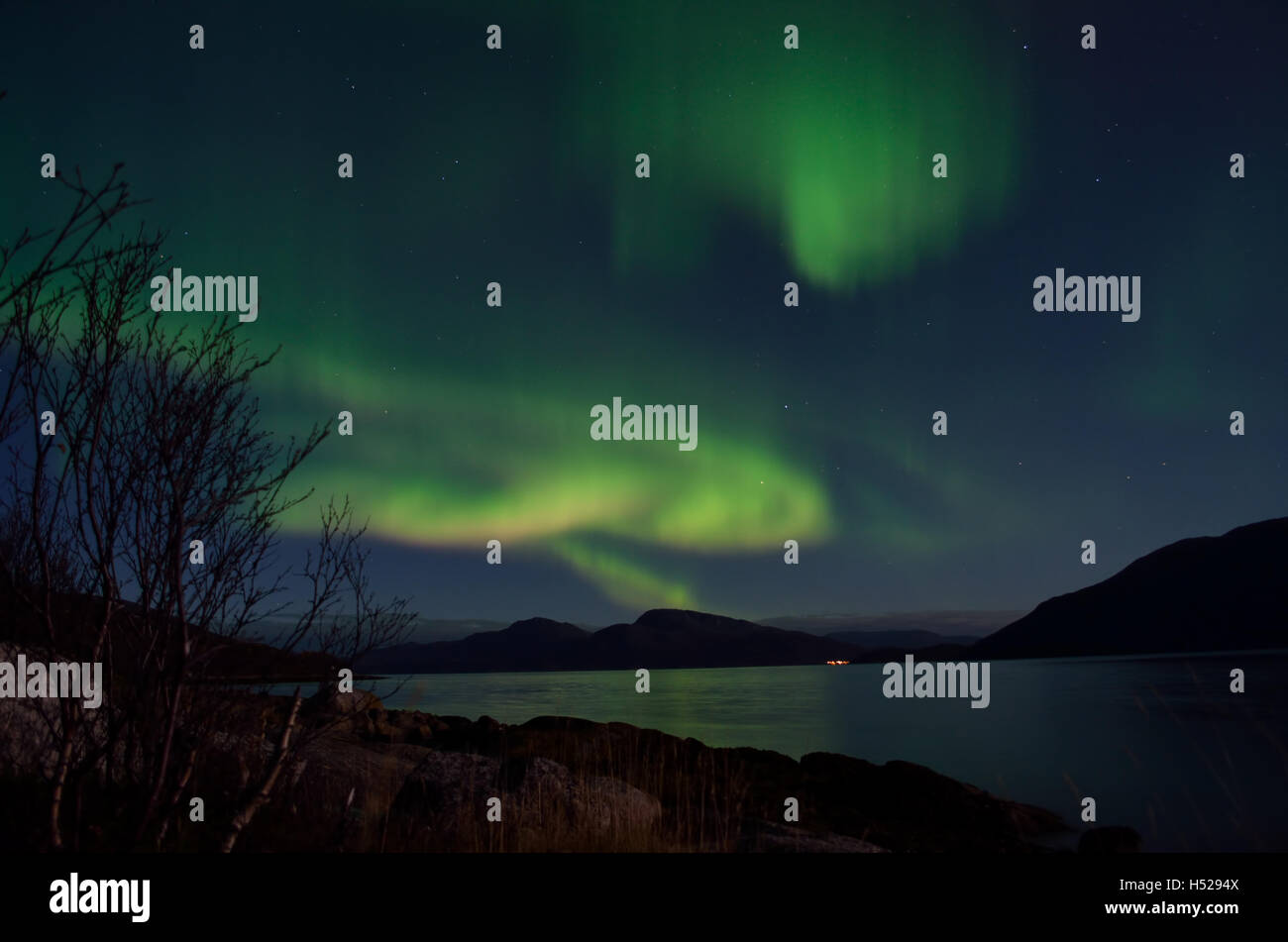 mighty aurora borealis dancing on night sky over mountain and fjord ...