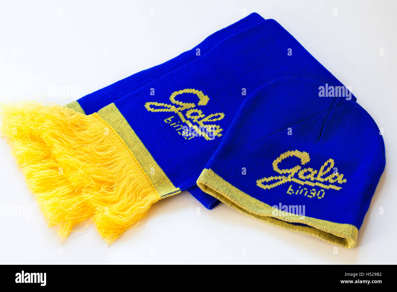 Bingo prize - Gala Bingo blue and yellow scarf and hat set on white ...