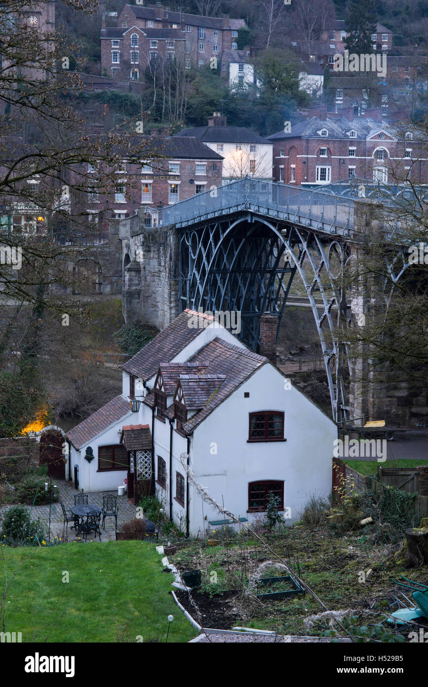 The town of Ironbridge with the famous bridge in late winter showing ...