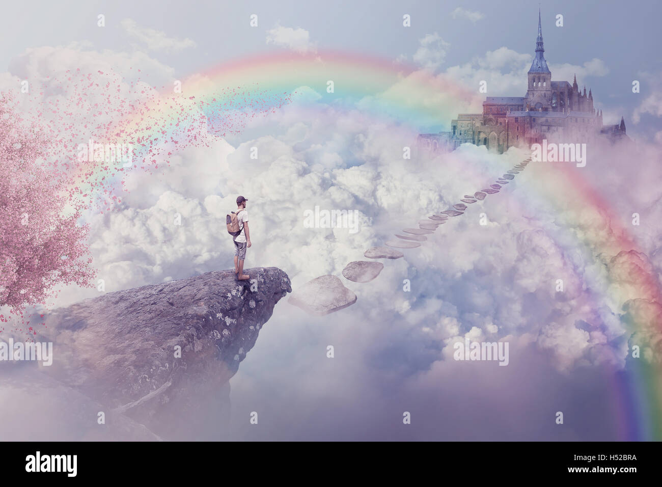 Fantasy world imaginary view. Young boy looking at the path to a castle ...