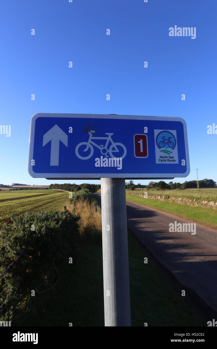 Sign on North sea Cycle Route 1 near Inverkeilor Angus Scotland October ...