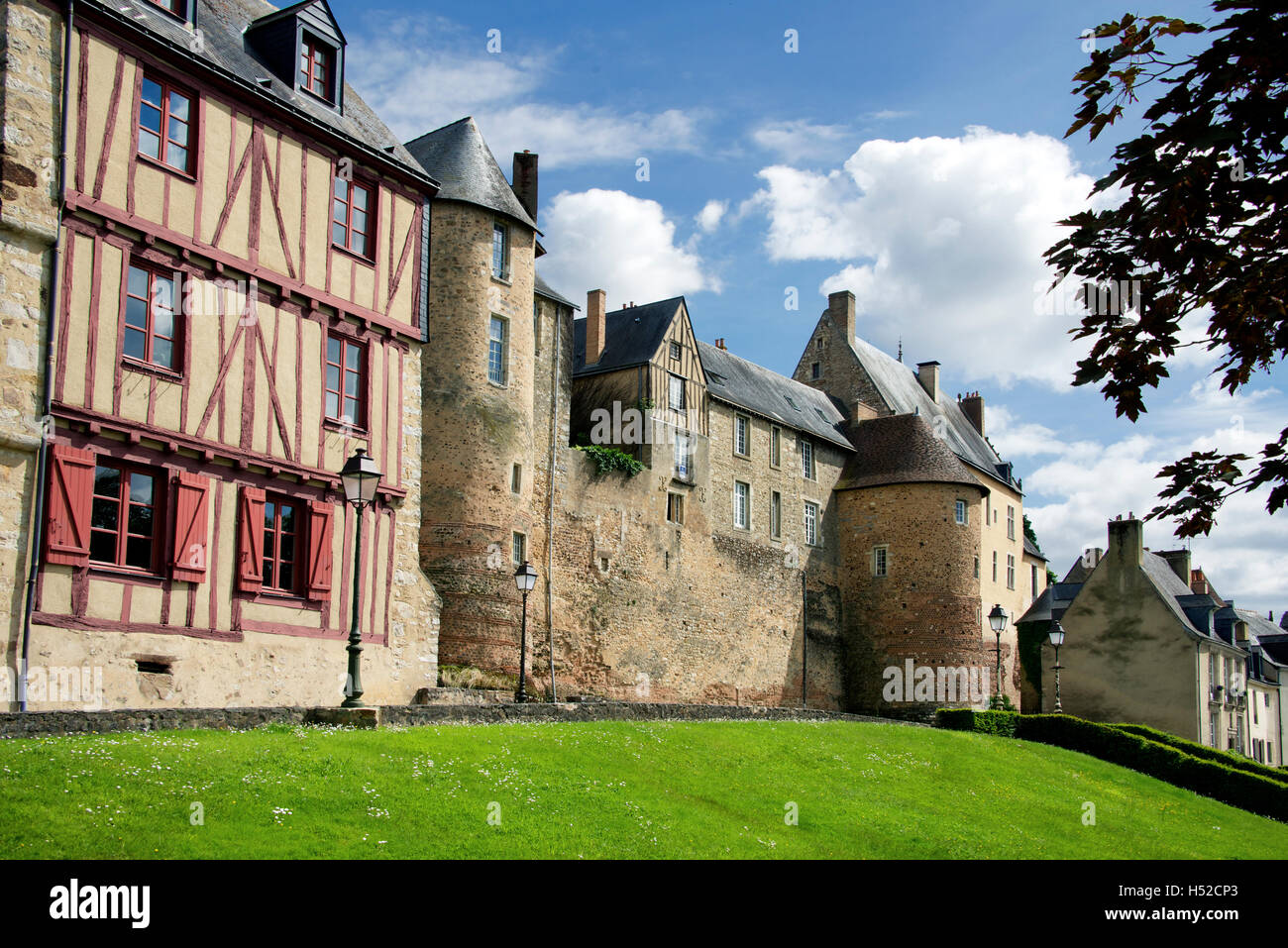 Towers and half timbered building part of Roman wall surrounding ...