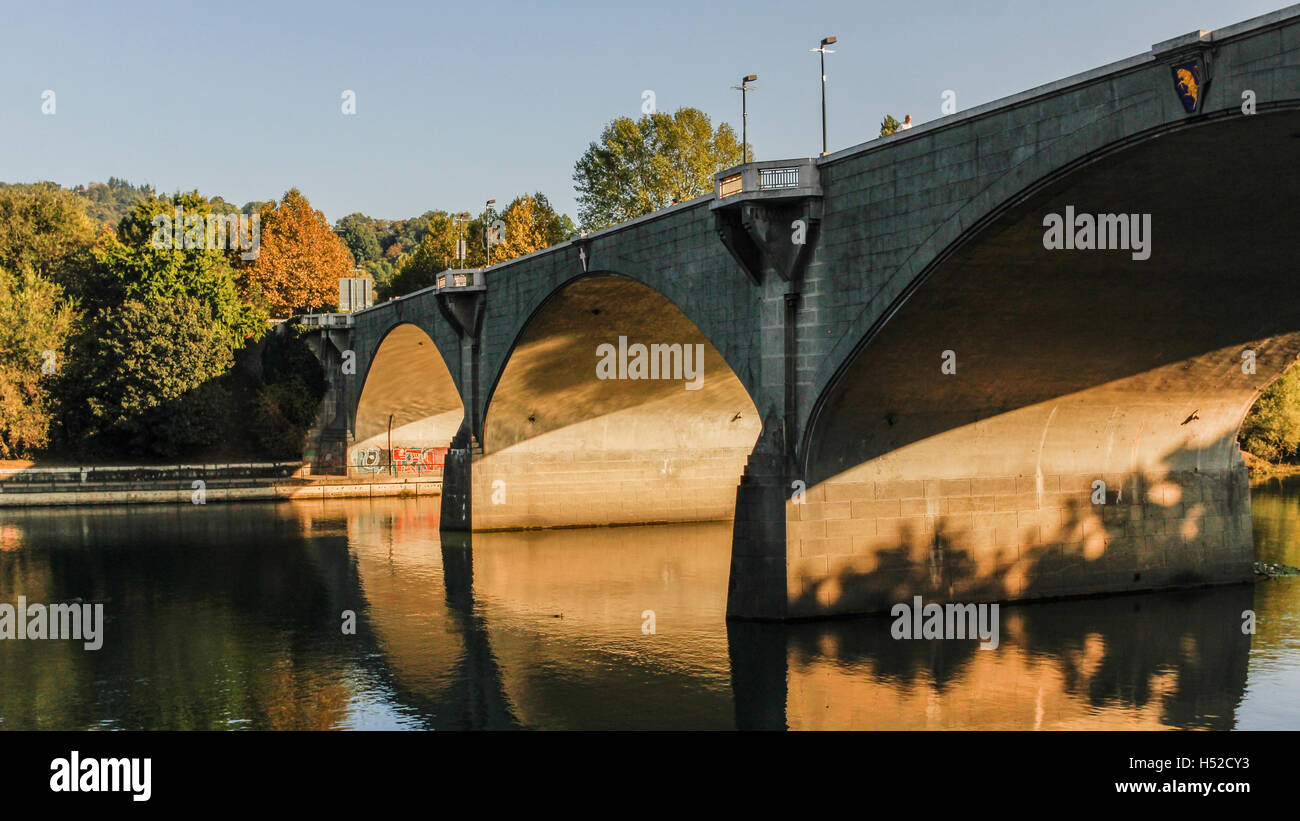 River Po in Turin and the arcades of the Franco Balbis bridge Stock ...