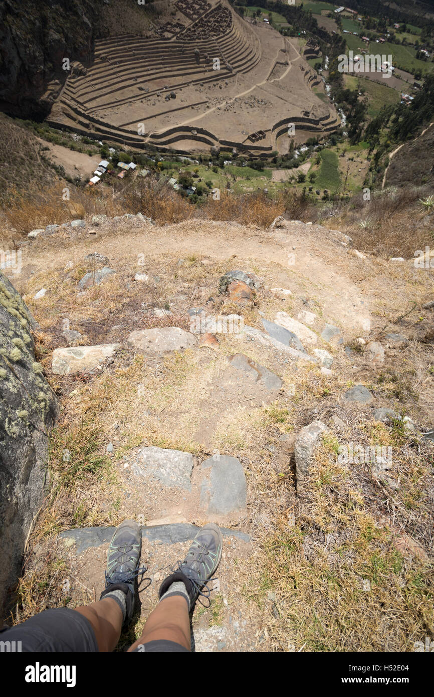 Standing on the edge of the trail cliff overlooking Llactapata Inca ...