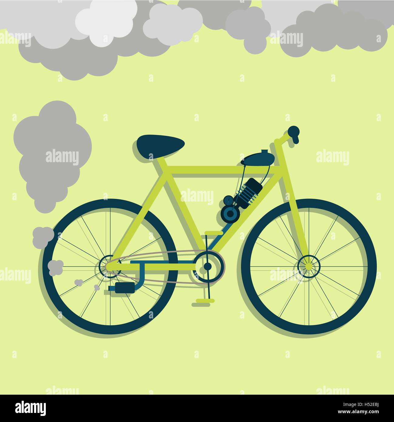 Electric bicycle steaming the exhaust pipe. Air pollution. Flat design ...