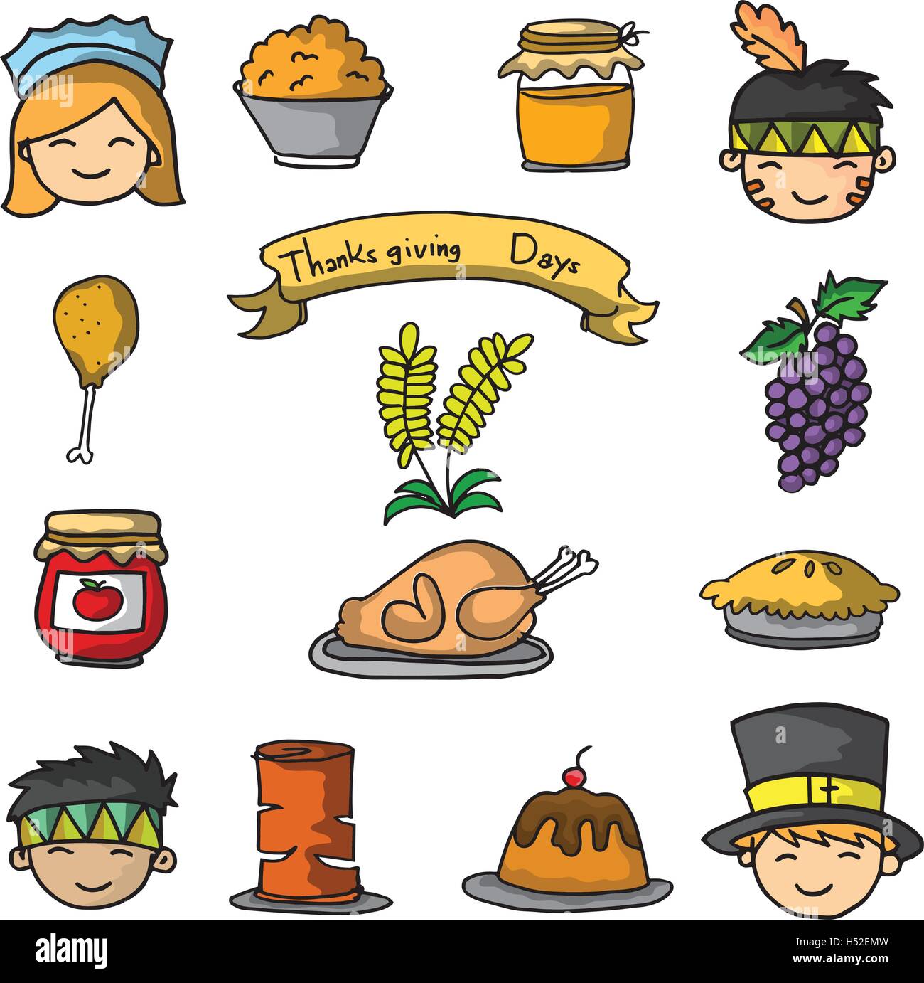 Cartoon thanksgiving set on doodles Stock Vector Image & Art - Alamy