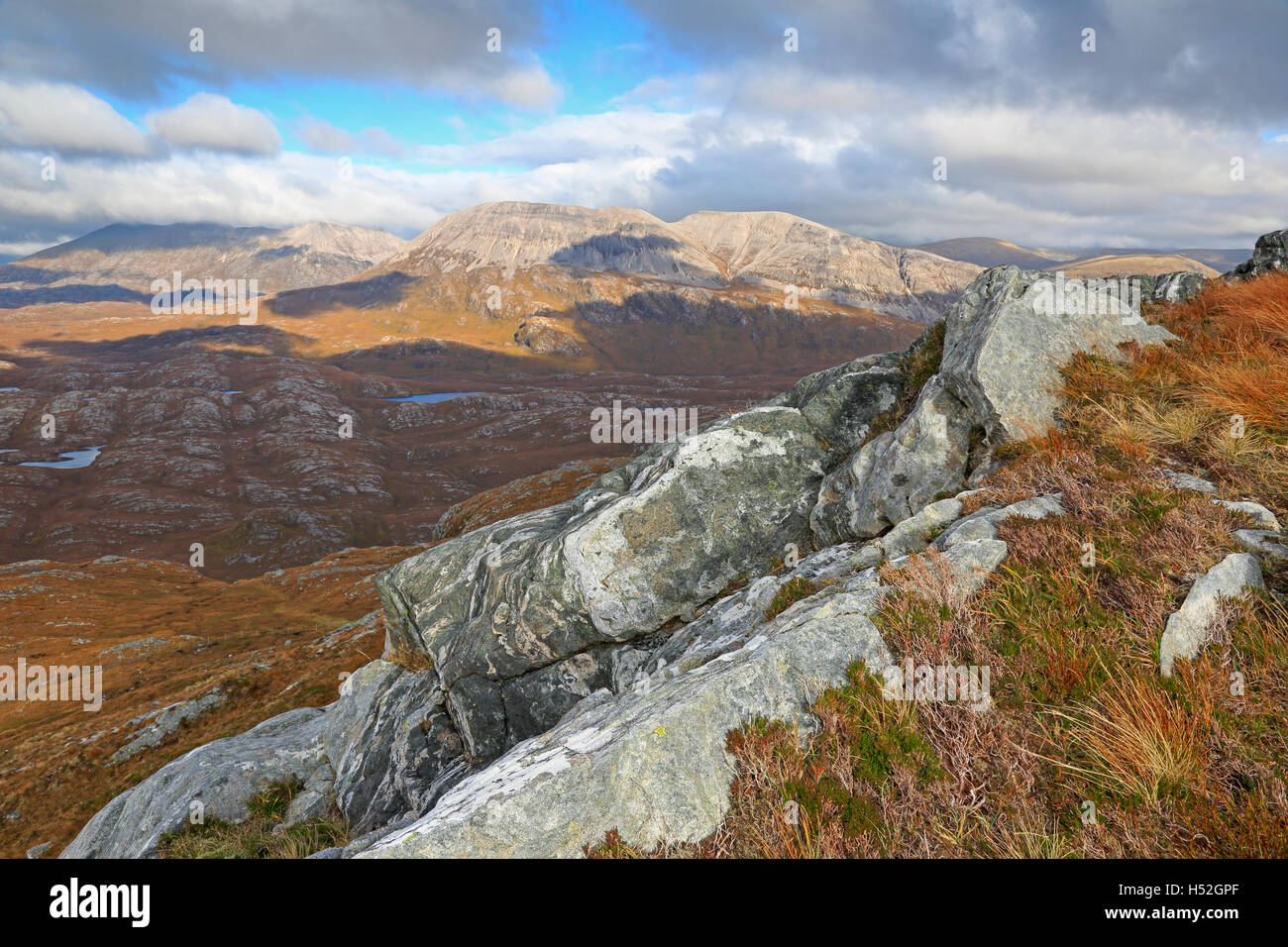 View in the autumn of Arkle and Foinavon mountains from Ben Stack Stock ...