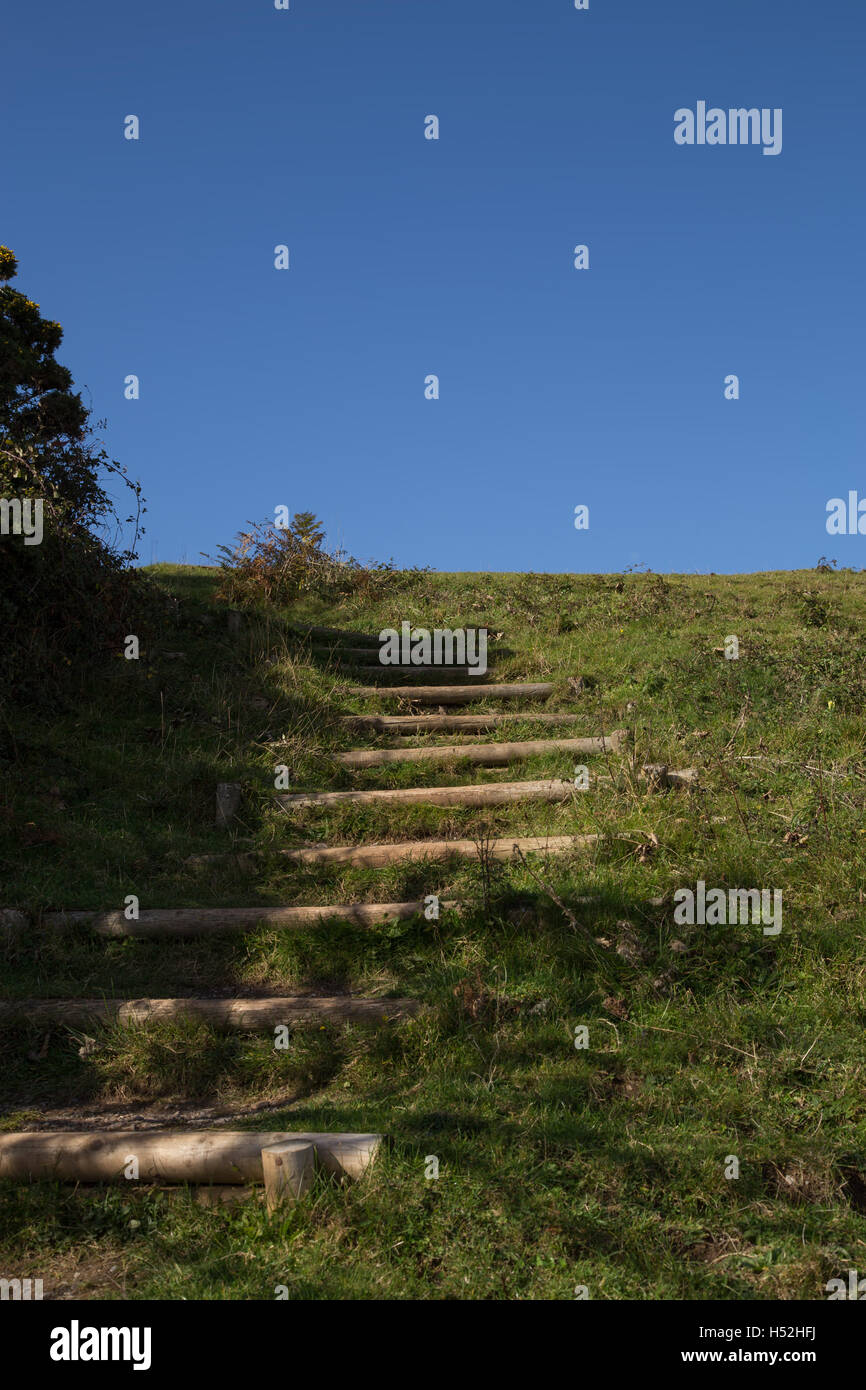 Steps on the South West Coastal path rising up the cliffs towards ...