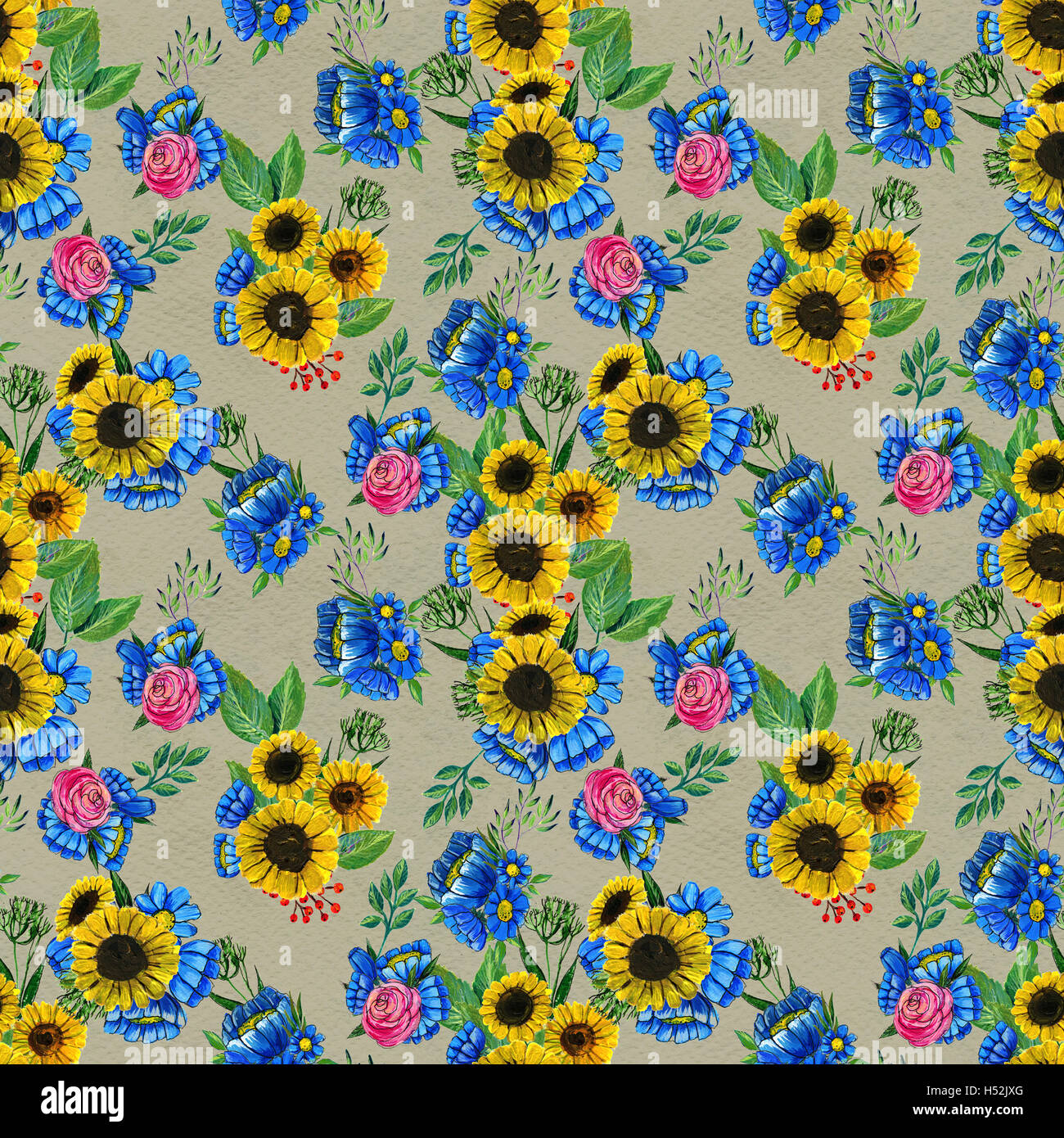 Seamless pattern with blue yellow and pink flowers Stock Photo - Alamy