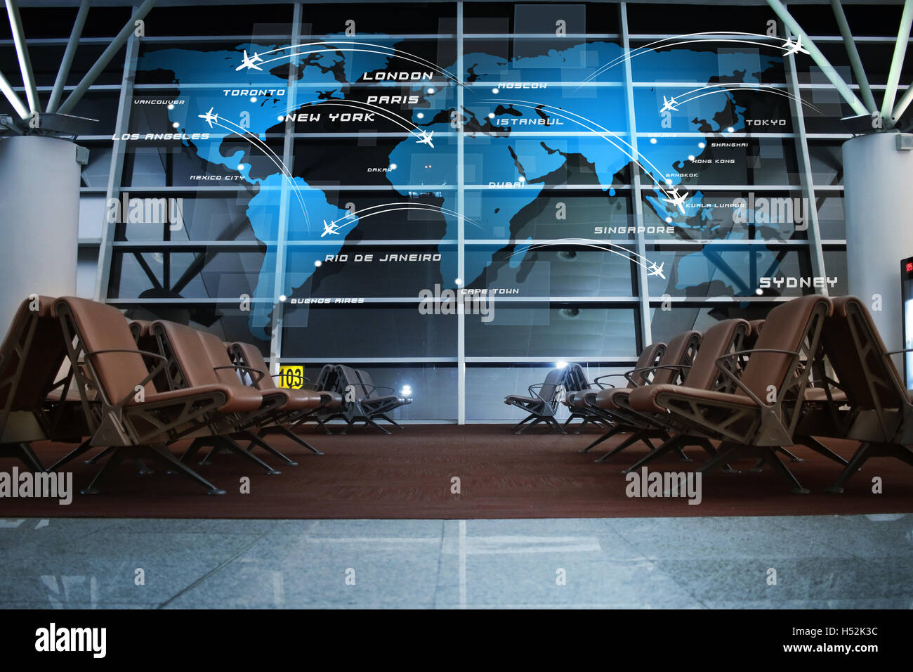 aviation interface on the window of airport terminal Stock Photo - Alamy