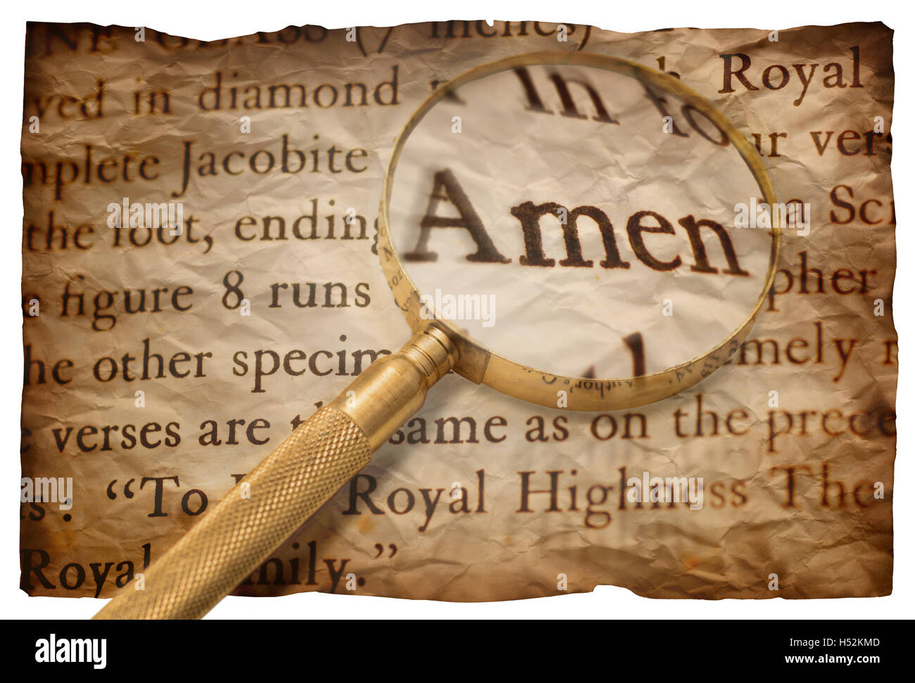 Amen word magnified on the page of an antique book which is over 200 ...